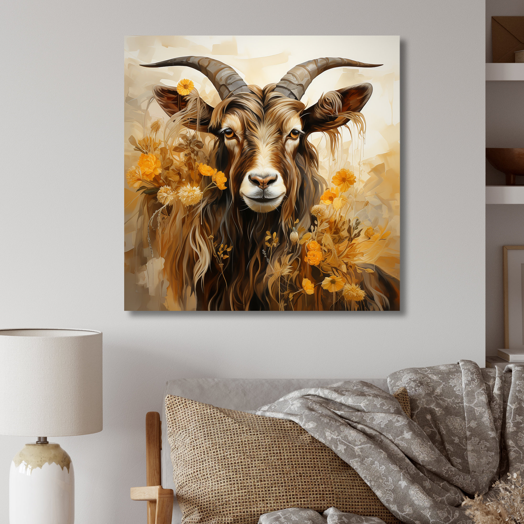 Millwood Pines Yellow And Brown Goat Floral Meadow - Goat Animal Metal ...