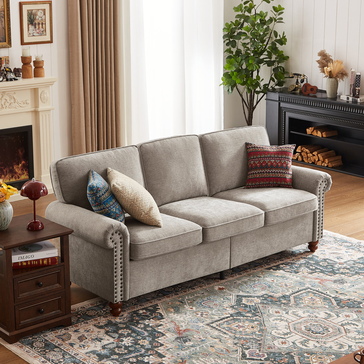 Charlton Home® 81.5" 3 Seat Sofa Couch, Rolled Arm Sofas With Nailhead ...