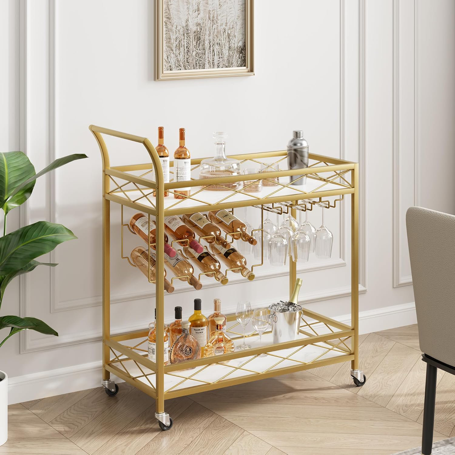Mercer41 Gold Bar Carts With 2-Tiers Storage Shelves,Mobile Kitchen ...