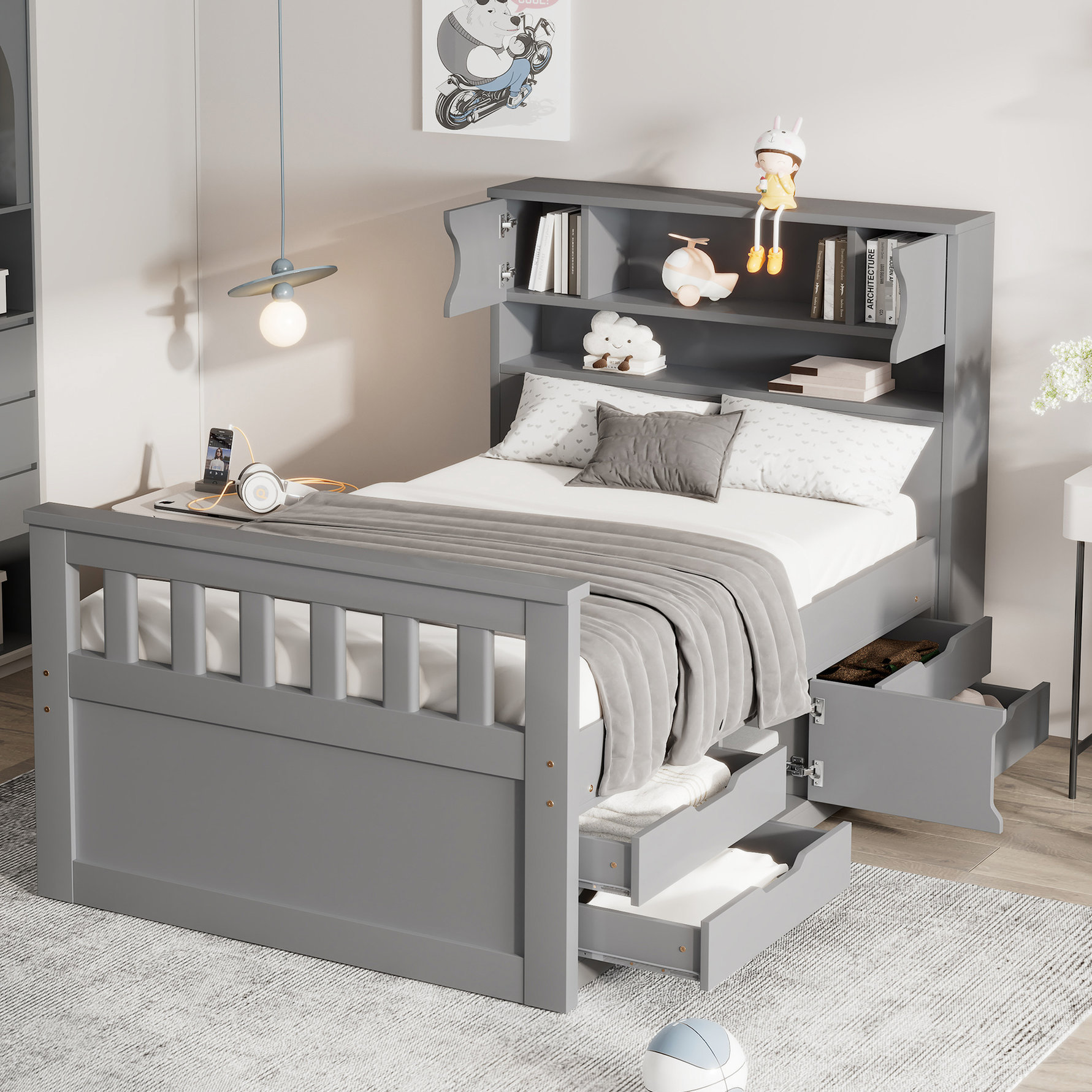 Latitude Run® Twin Storage Bed Frame With Four Drawer Storage. Grey ...