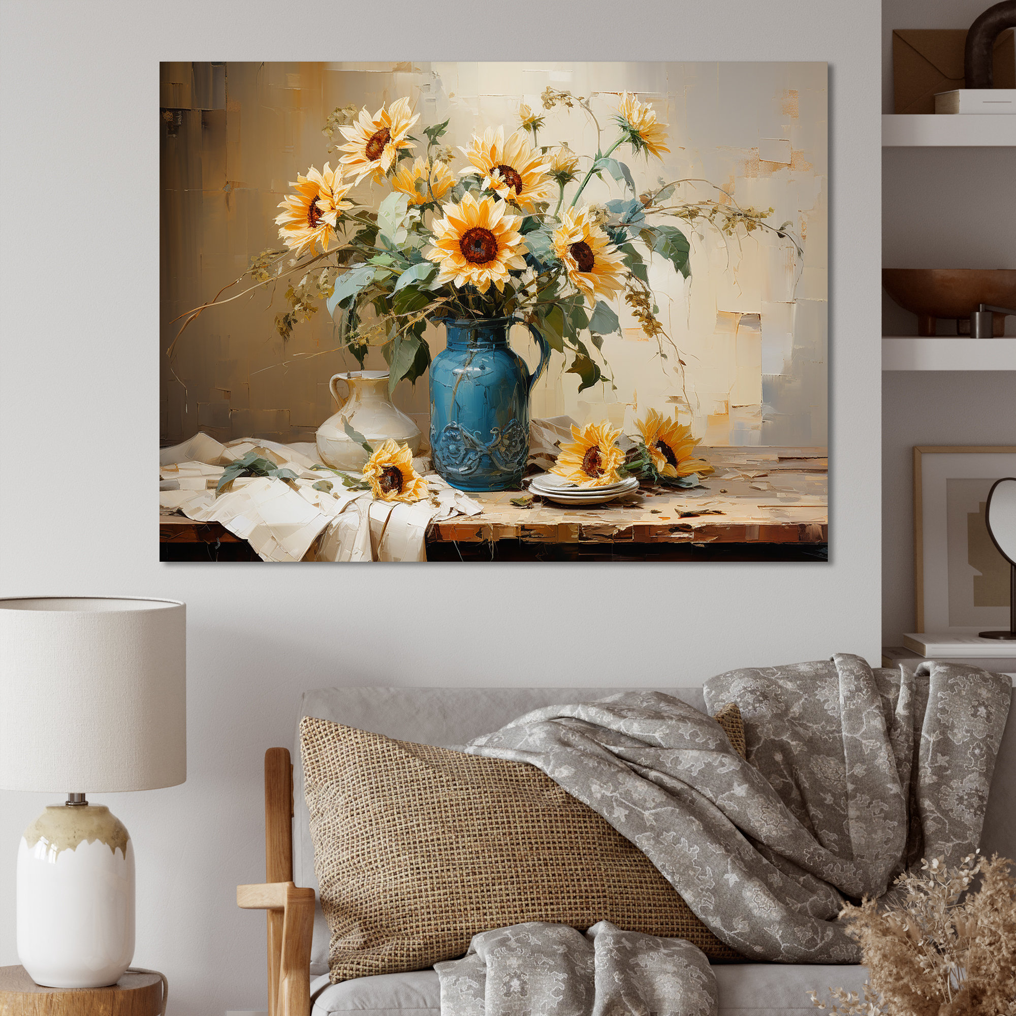 Design Art Blue Sunflowers Farmhouse Still Life I - Sunflowers Canvas ...