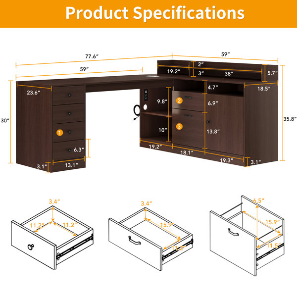 Inbox Zero Lauven L Shape Executive Desk with Drawers and Cabinet ...