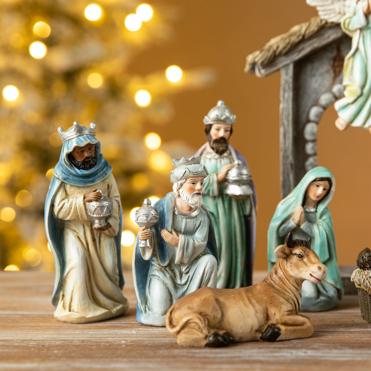 The Holiday Aisle® 11 Piece Deluxe Blue Resin Nativity Figurine Set ...