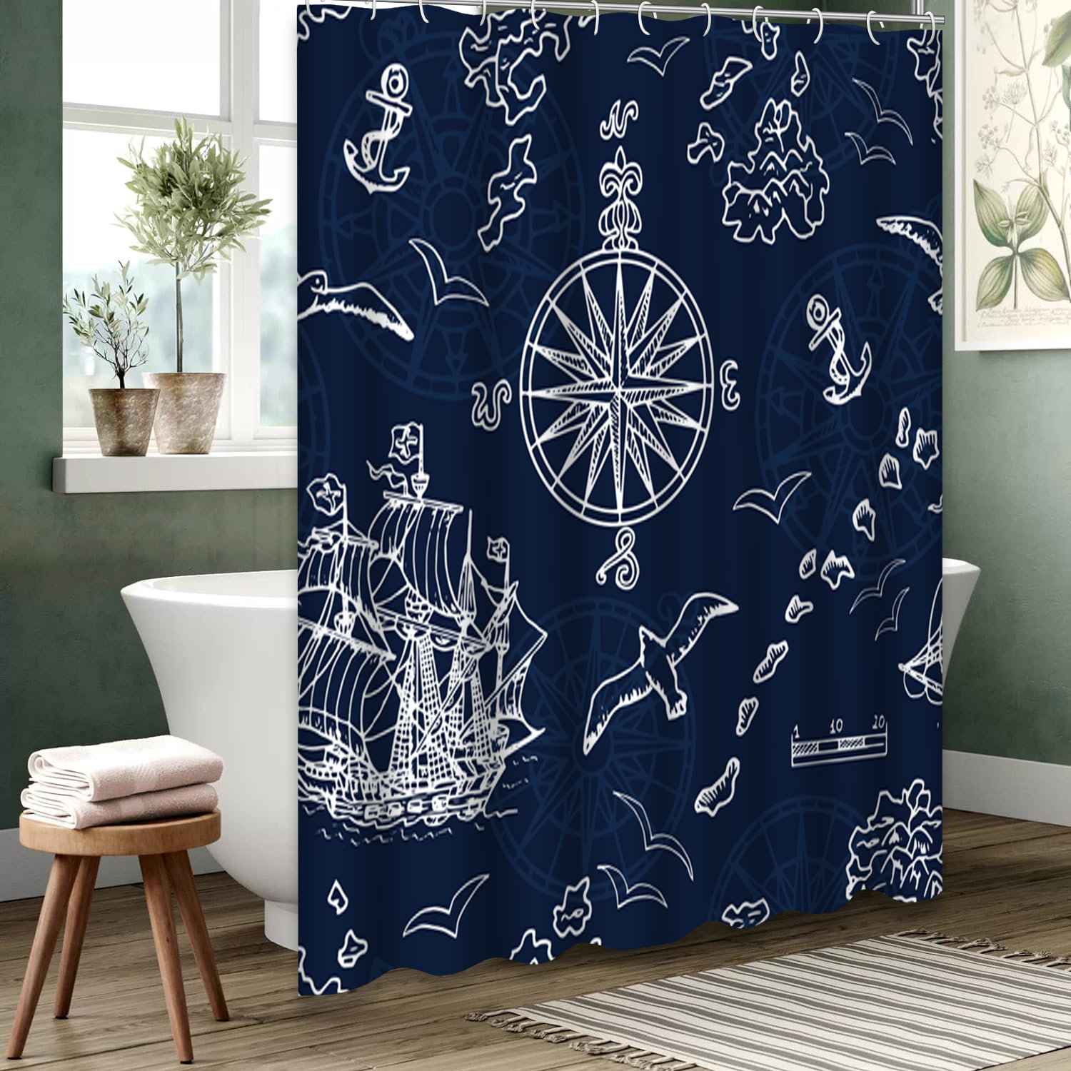 East Urban Home Marine Blue Waterproof Shower Curtain,with Marine and ...
