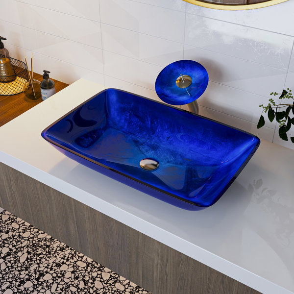 DeerValley Prism 22'' X 14'' Blue Glass Rectangular Vessel Bathroom ...
