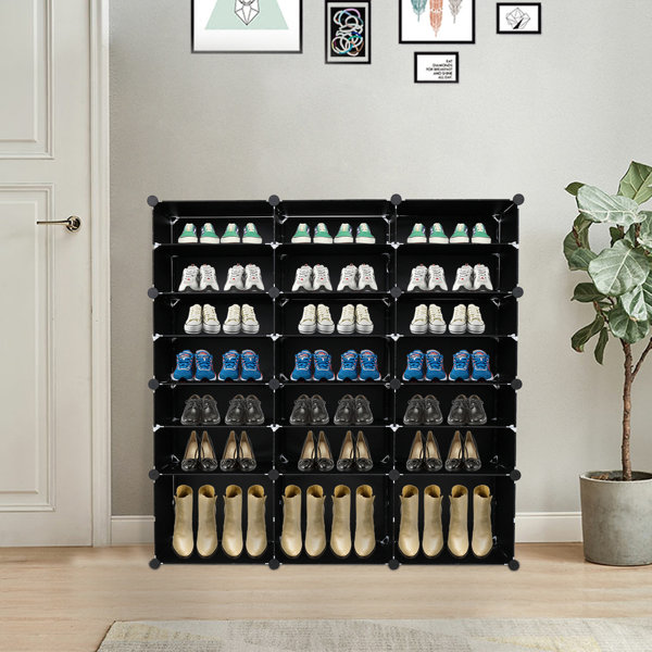Rebrilliant 3-Row 7-Tier 21-Grid Shoe Cabinet Off-White Doors Black ...