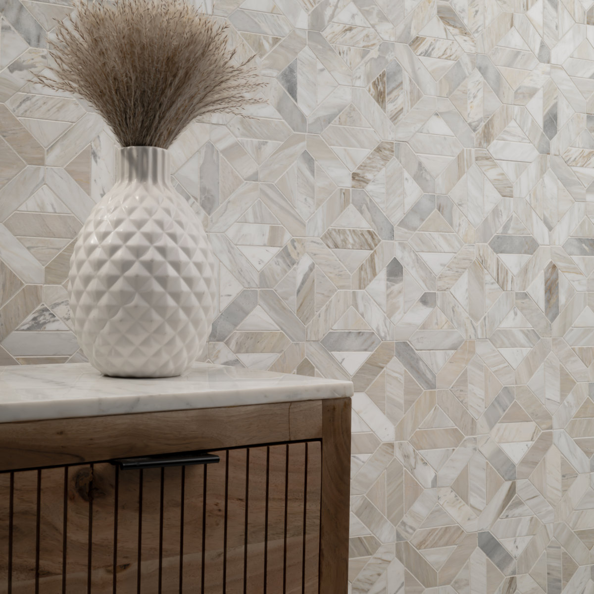 Ackland Athena Gold Geometrica 12" x 12" Honed Marble Mesh Mounted ...