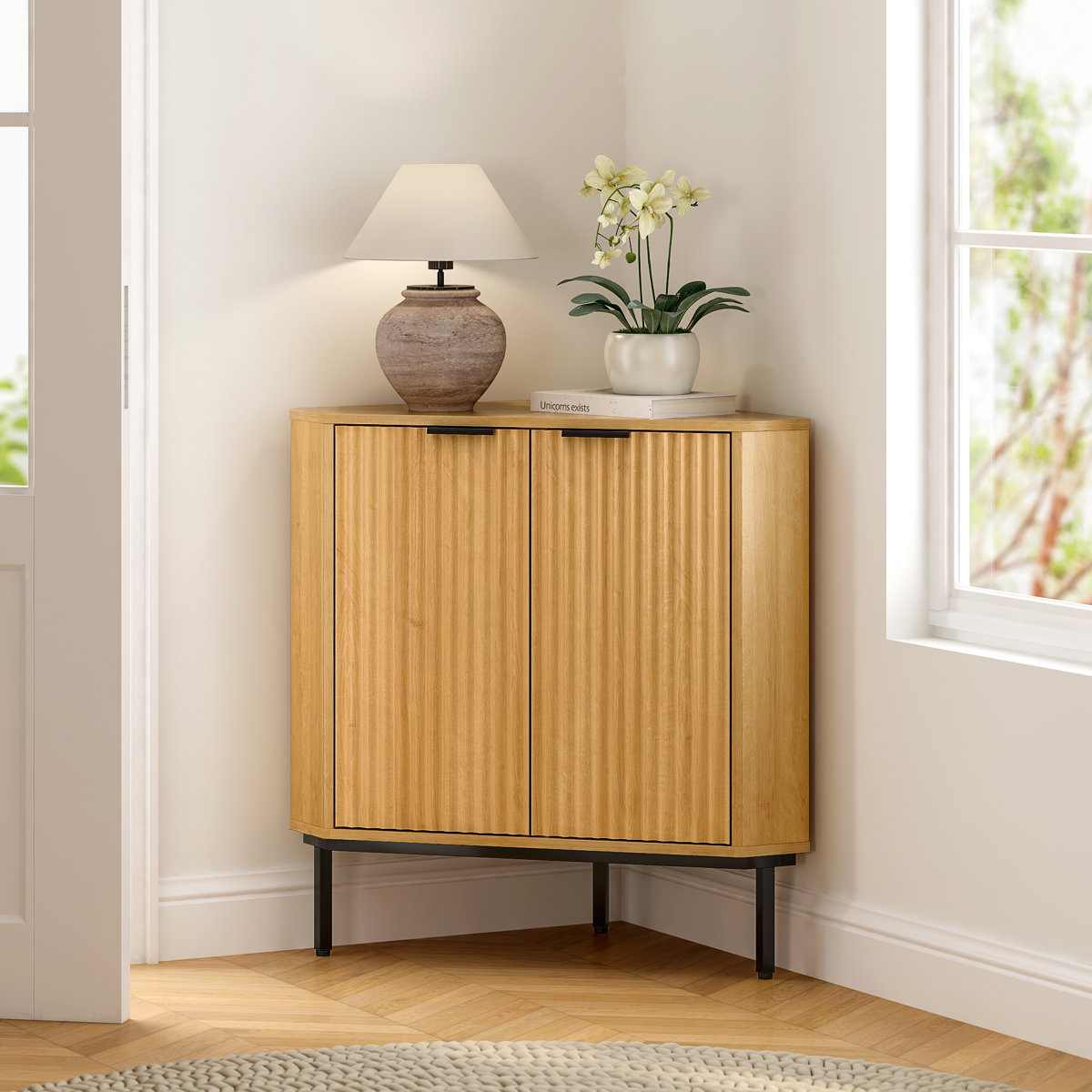 Ebern Designs Fluted Corner Cabinet With 2 Doors And 2-Tier Shelves ...