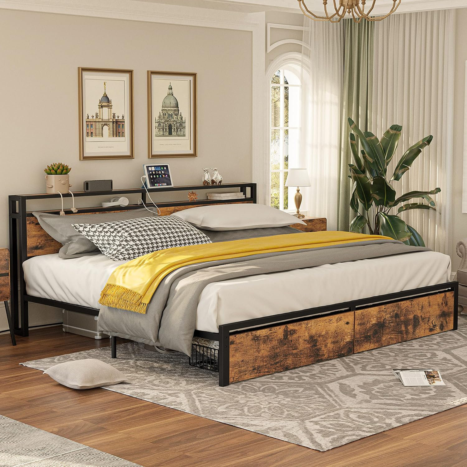 Latitude Run® Bed with Storage Headboard Drawers and Charging Station ...