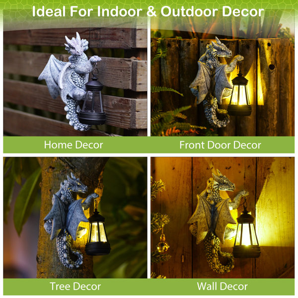 Arlmont & Co. Dragon Tree Hugger Garden Statue with Solar Lantern - 9.3 ...