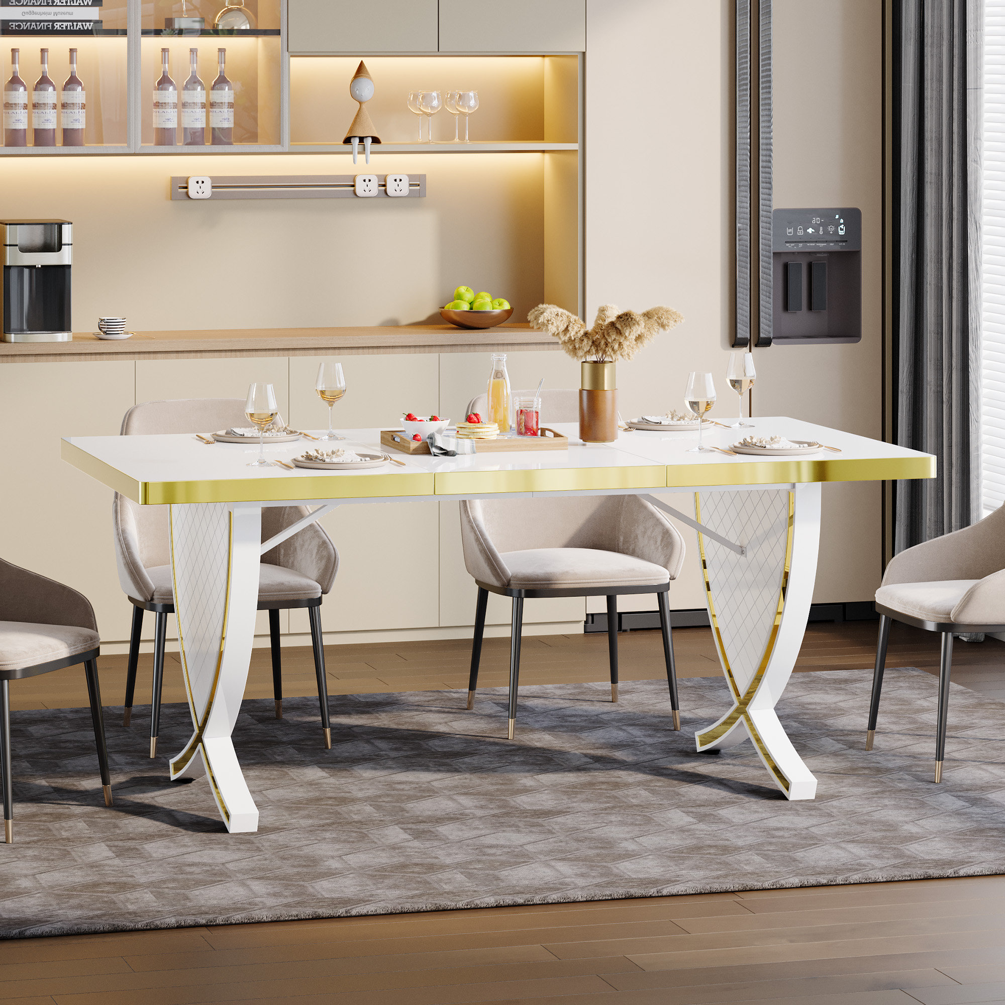 Mercer41 Modern White Gold 63" Large Rectangle Kitchen Dining Table for ...