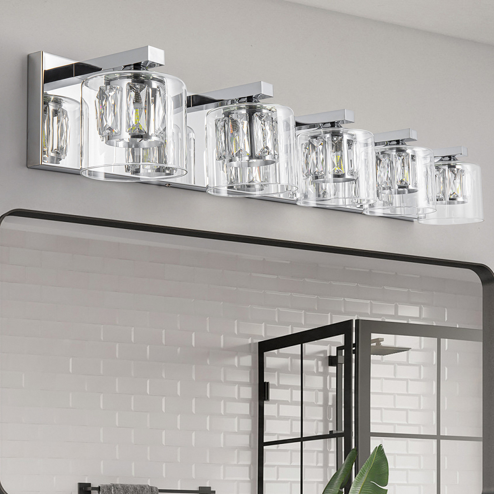 Everly Quinn Delvon 5-Light Bathroom Dimmable Vanity Light Clear Glass ...