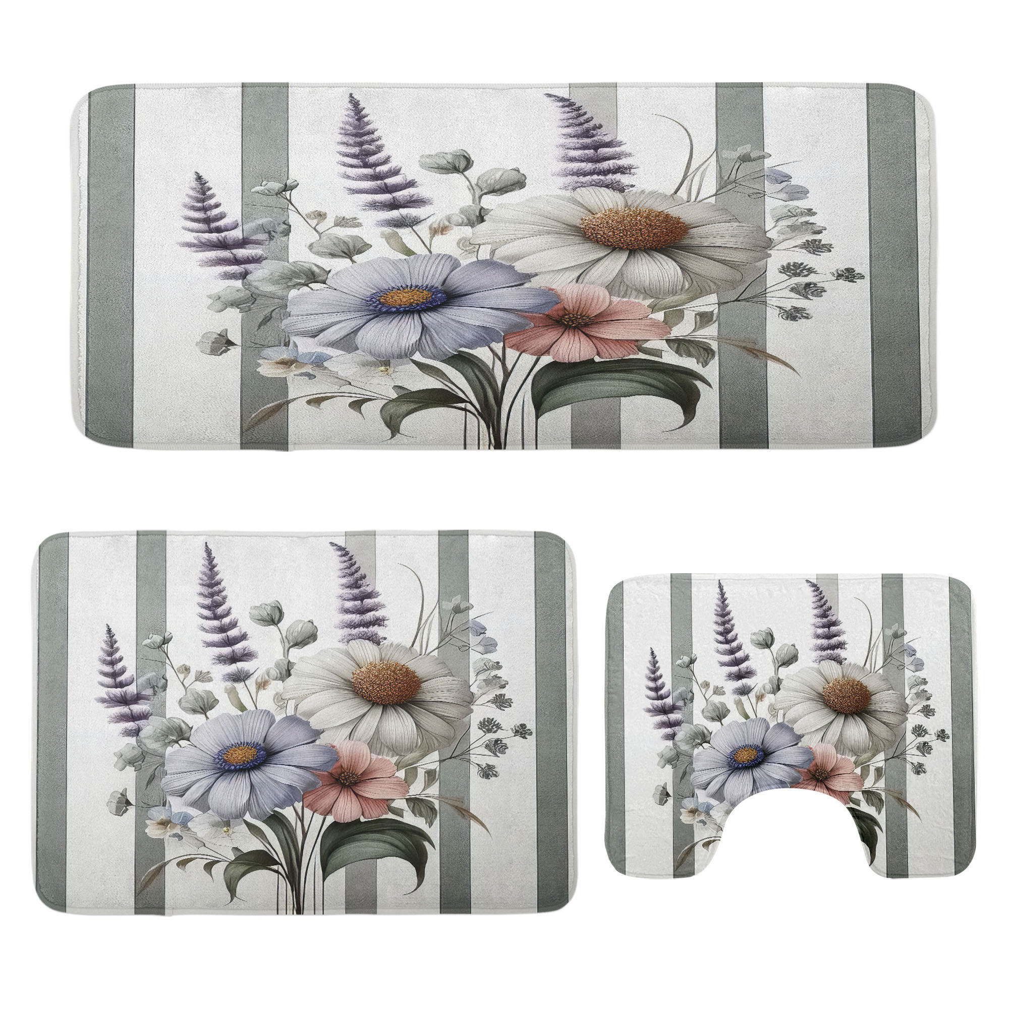 East Urban Home Floral Bathroom Rug Set 3 Pieces U-Shape & Rectangle ...