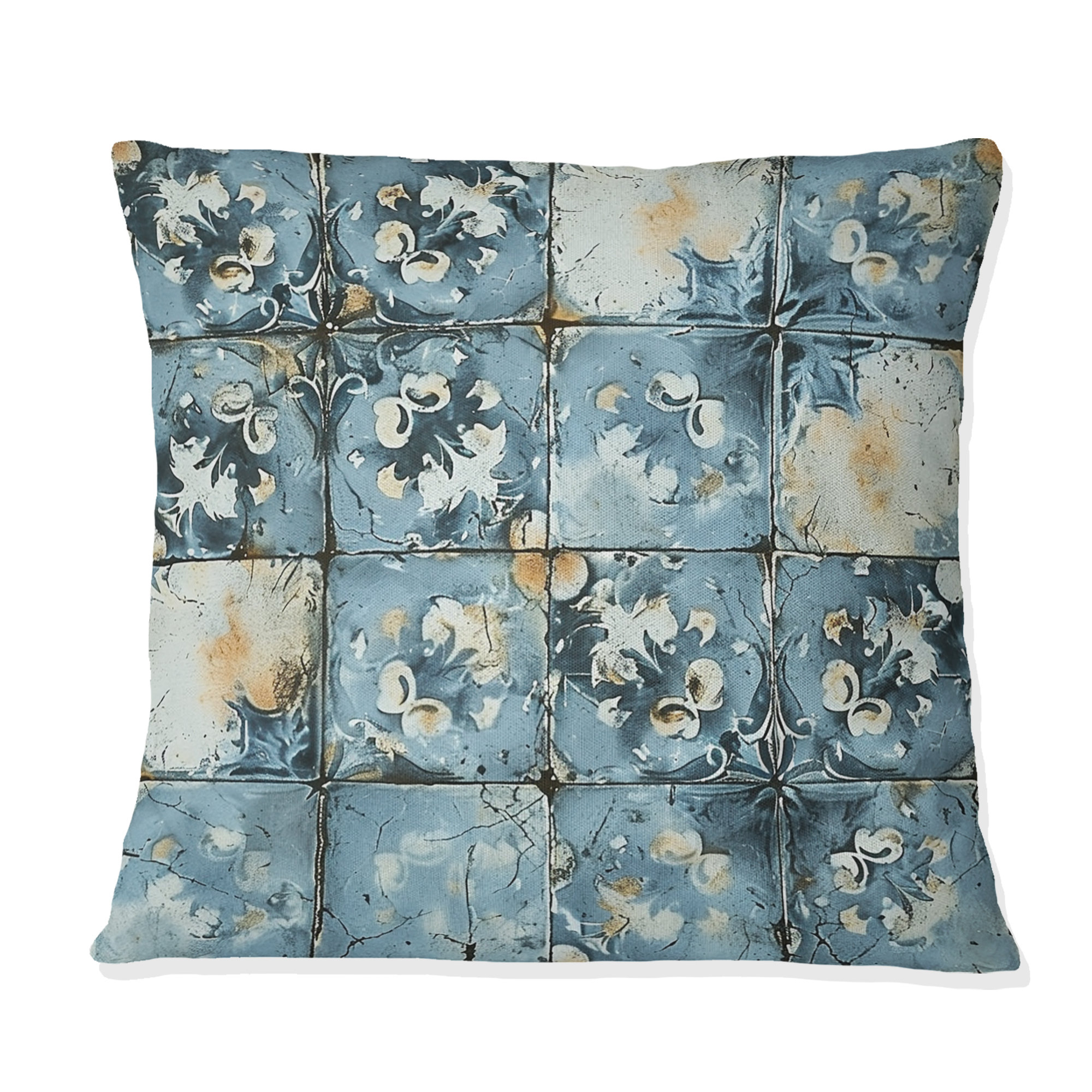 Design Art Blue Rustic Floral Tiles - Farmhouse Pillow | Wayfair