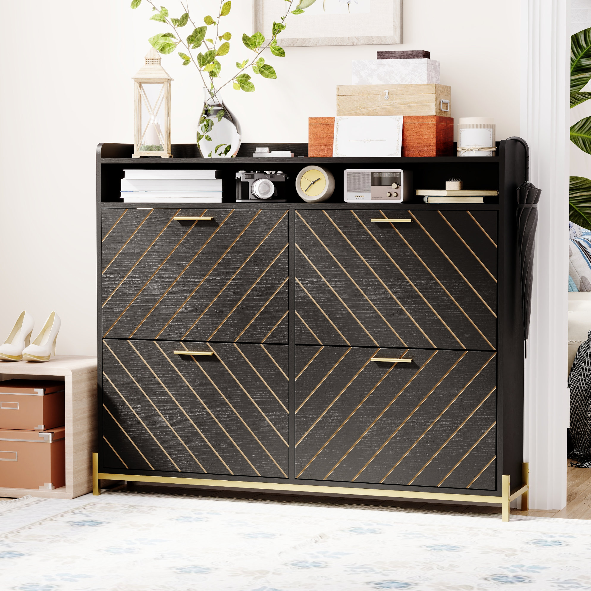 Latitude Run® Rustic Body Shoe Rack - Black For Entryway, Hallway ...