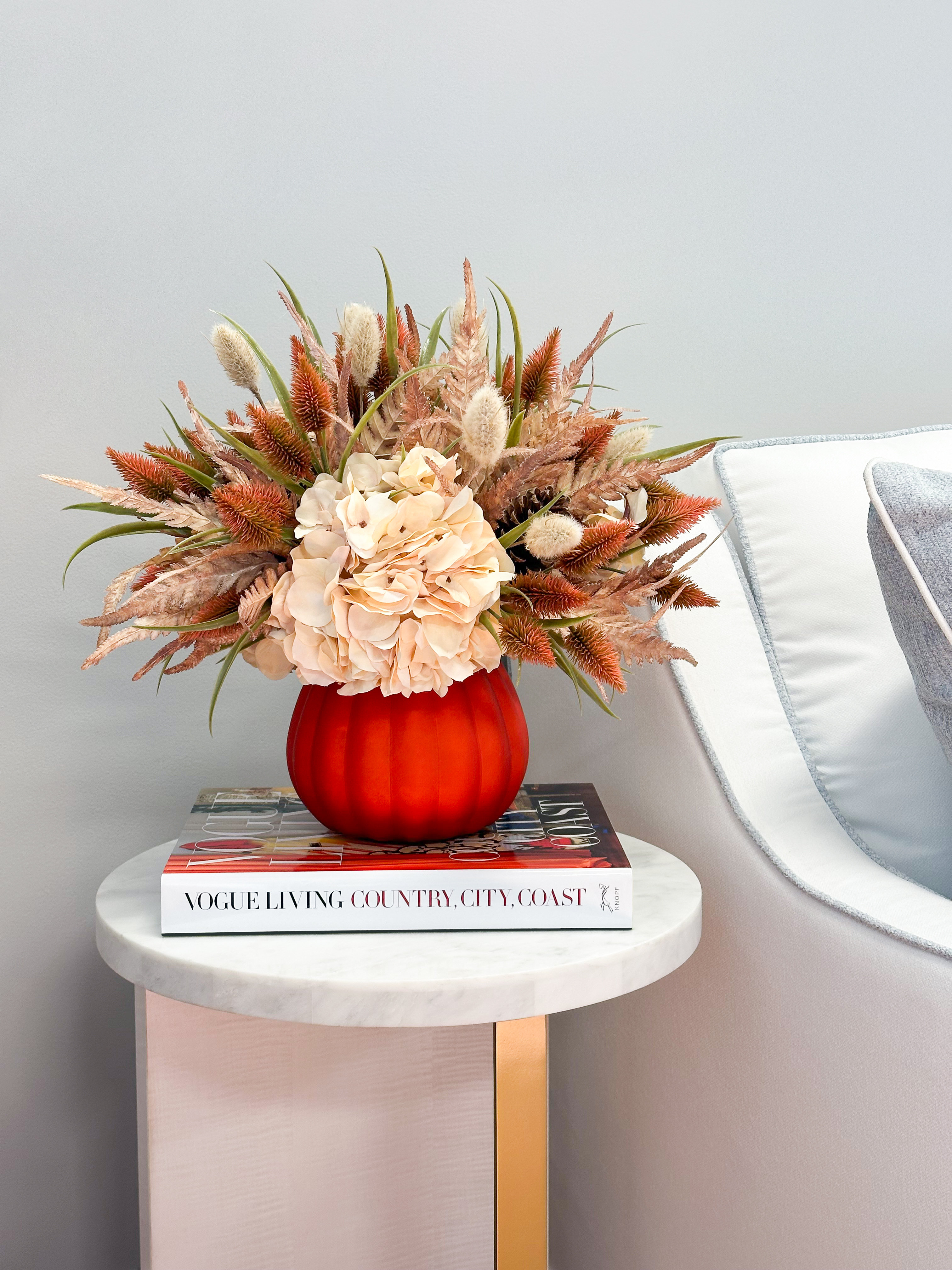 Primrue Haywa Fall Centerpiece with Hydrangeas and Thistle in Pumpkin ...