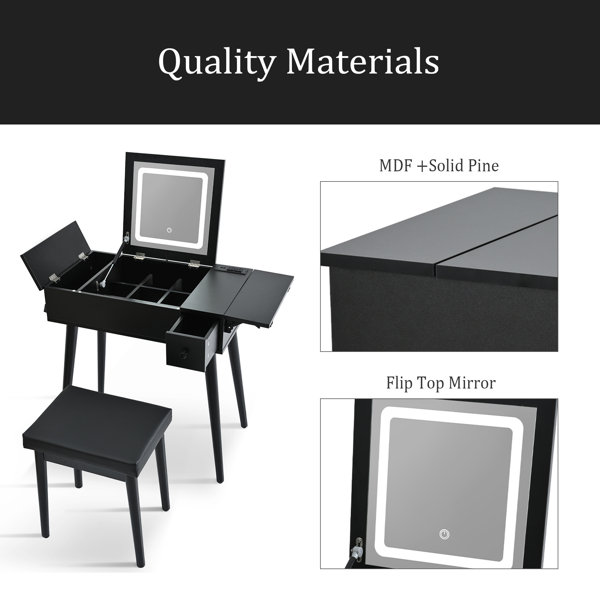 George Oliver 27.9" Black Vanity Desk With Flip-Up Mirror, LED Lights ...