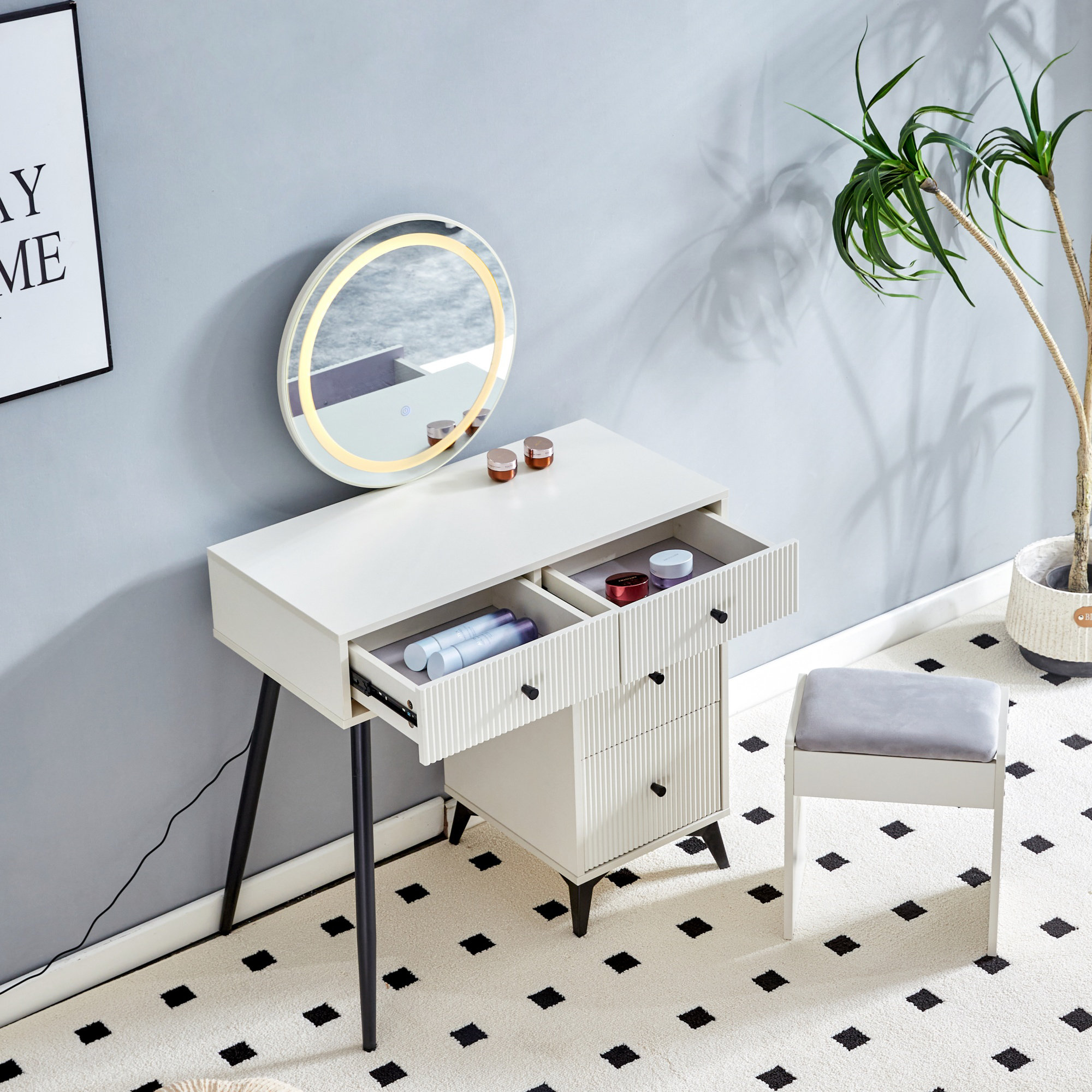 Ivy Bronx Fluted Makeup Vanity Desk With Round LED Mirror And Lights ...