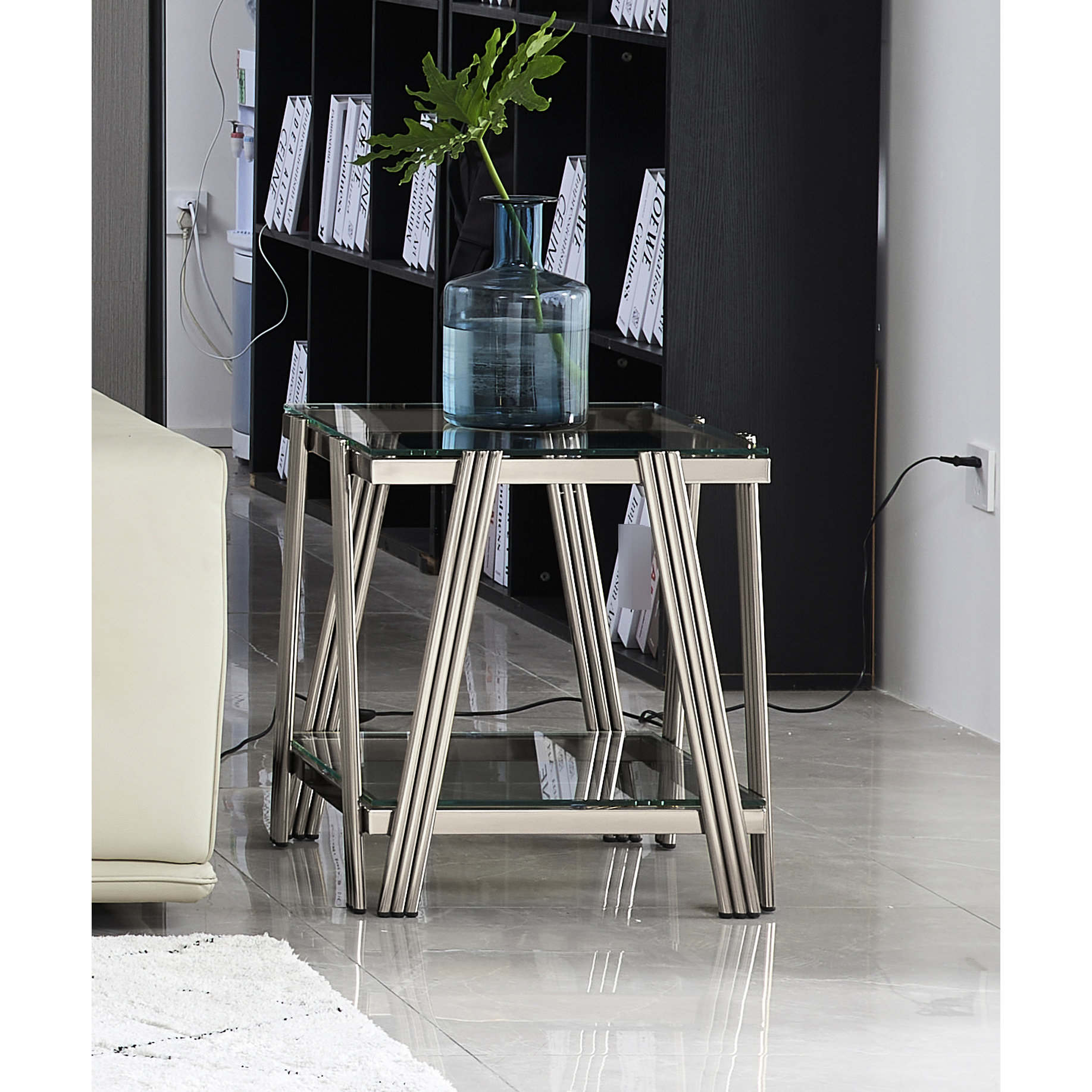 Ivy Bronx 20" Square Side Table, Modern Stainless Steel Clear Tempered ...