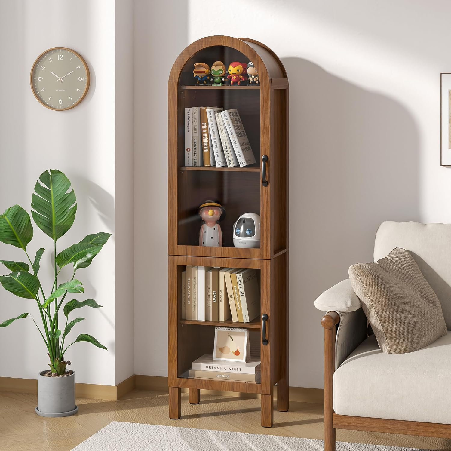 Latitude Run® Arched Display Cabinet with Glass Door, 5-Tier Bookcase ...