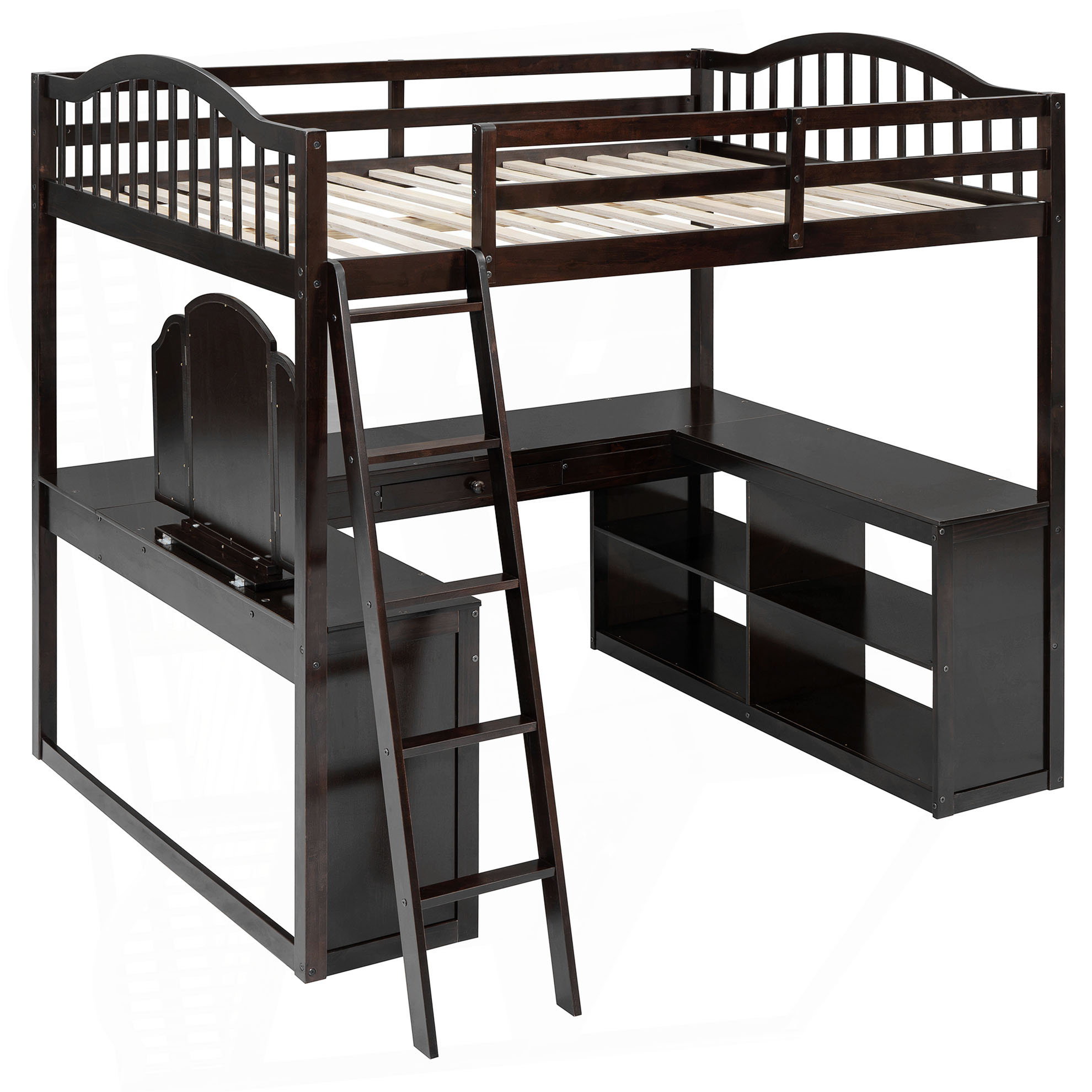 Harriet Bee Modern Loft Bed With U-Shaped Desk & Tri-Fold Mirror ...