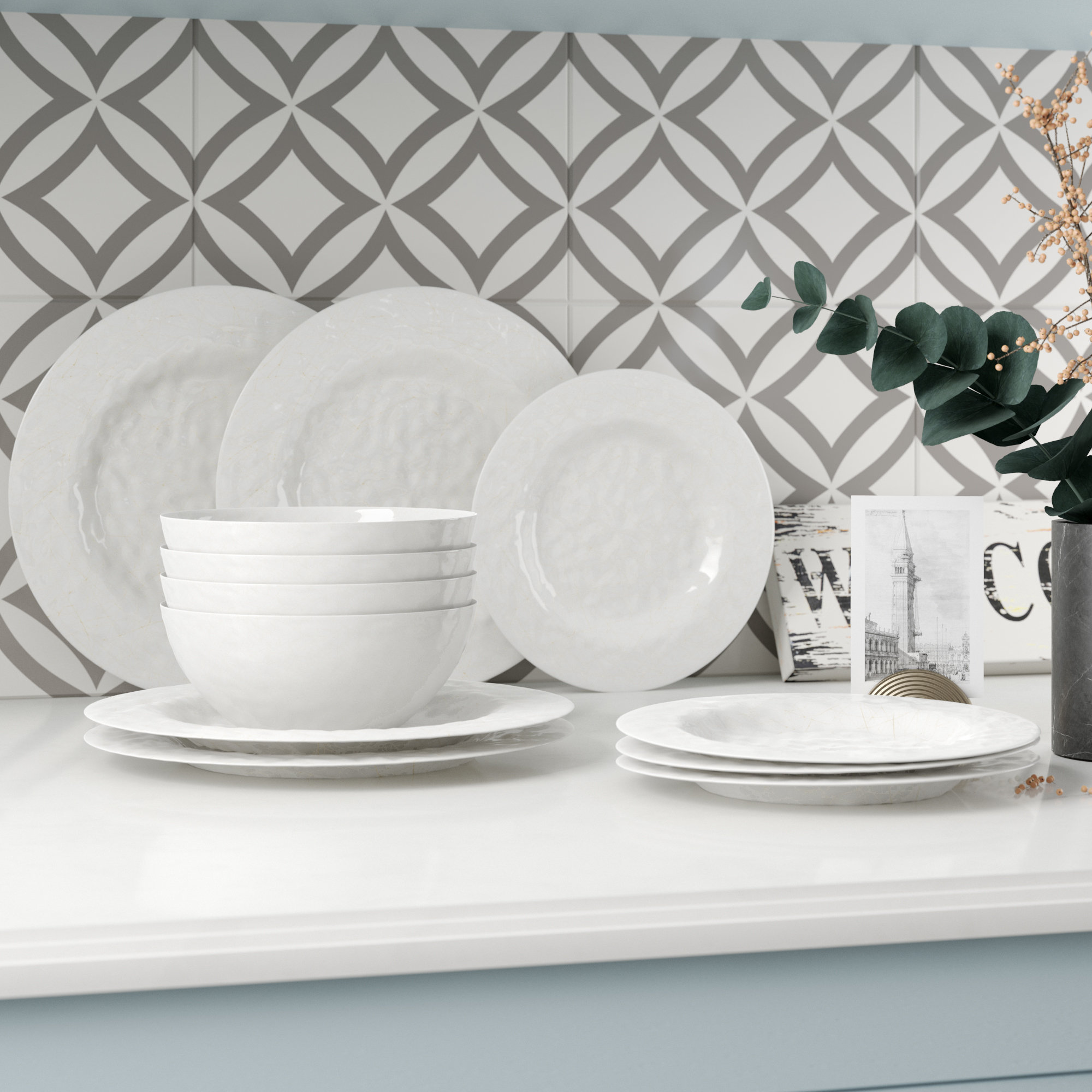 Highland Dunes Lystra Knotts 12 Piece Melamine Dinnerware Set, Service ...