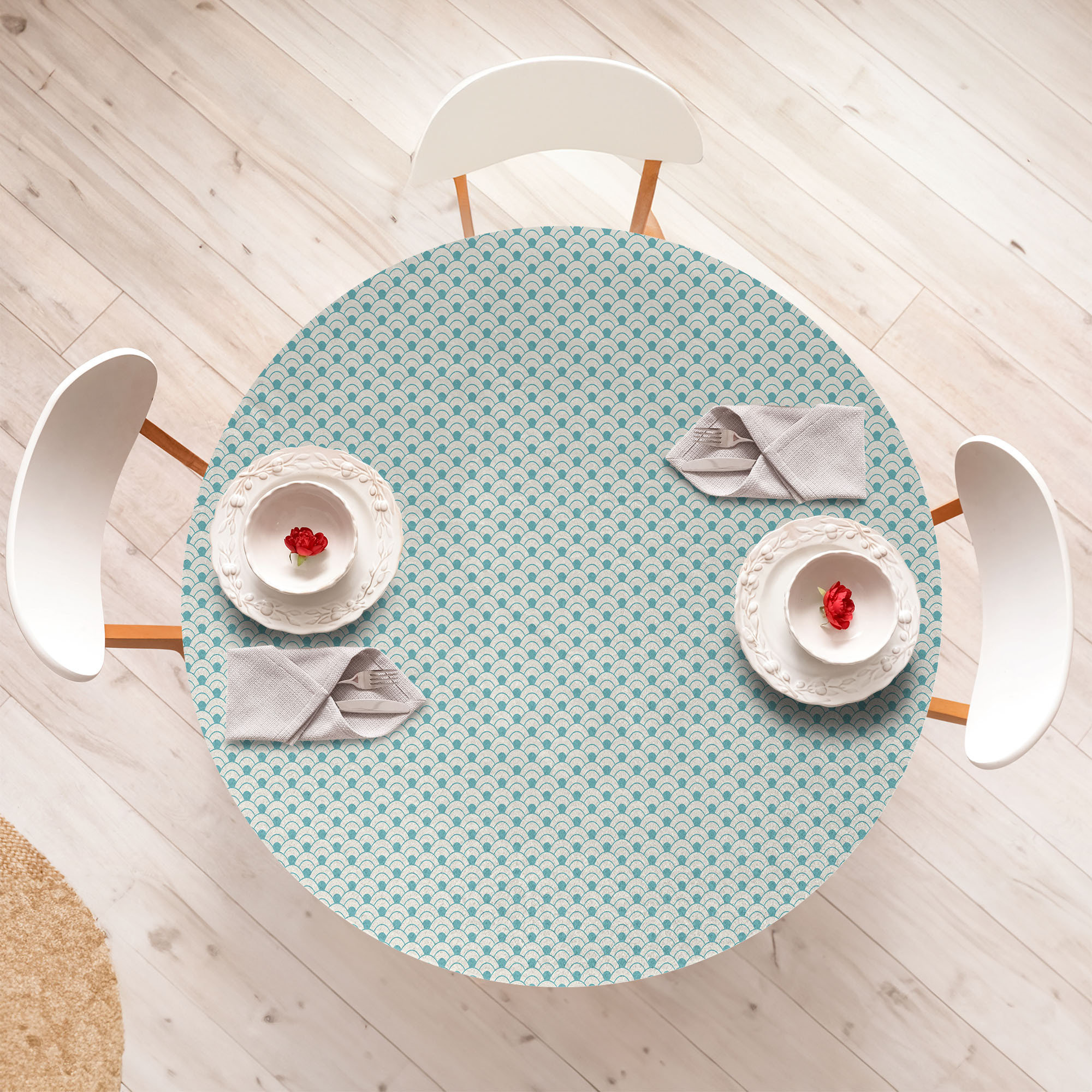 Bungalow Rose Ocean Fitted Round Tablecloth Sky Blue White | Wayfair