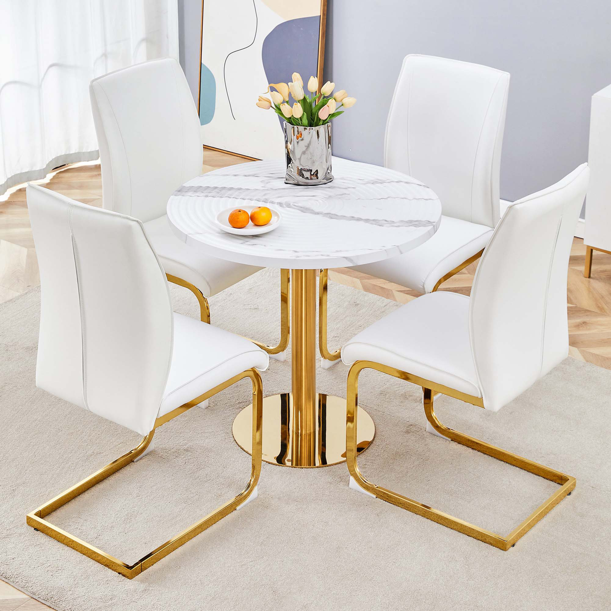 Mercer41 Table And Chair Set,Elegant Marble Pattern Round Dining Table - Suction Molding Annular ...