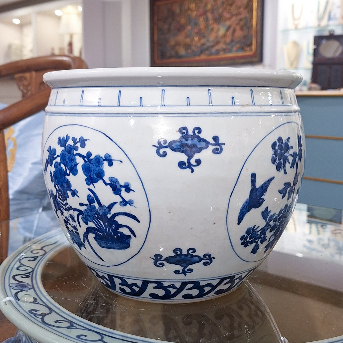 Danny's Fine Porcelain White/Blue Garden Scene Basin Pot Planter | Perigold