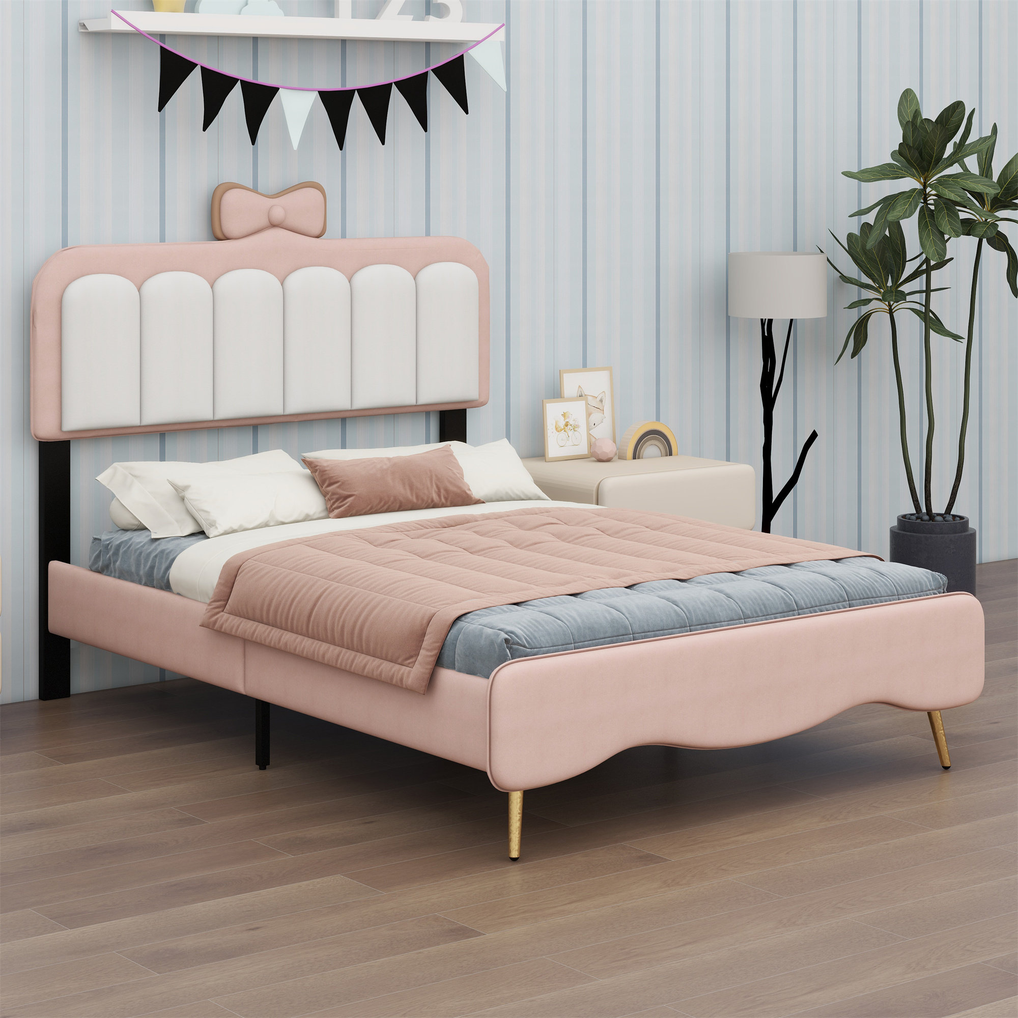 Mercer41 Princess Bed With Bow-Knot Headboard, Platform Bed With ...
