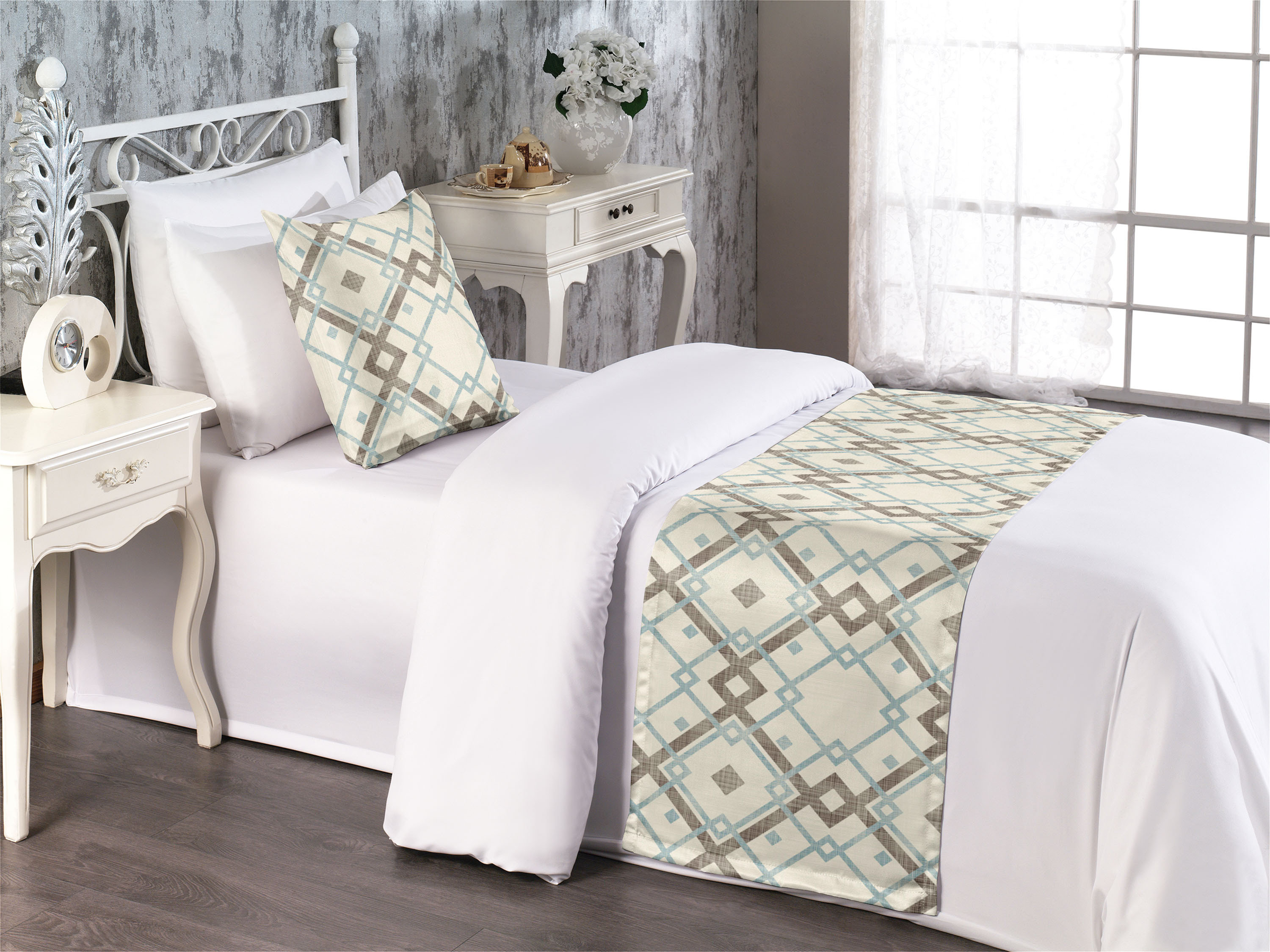 Ambesonne Geometric Bed Runner Set Squares Pattern Checkered Pale Teal ...