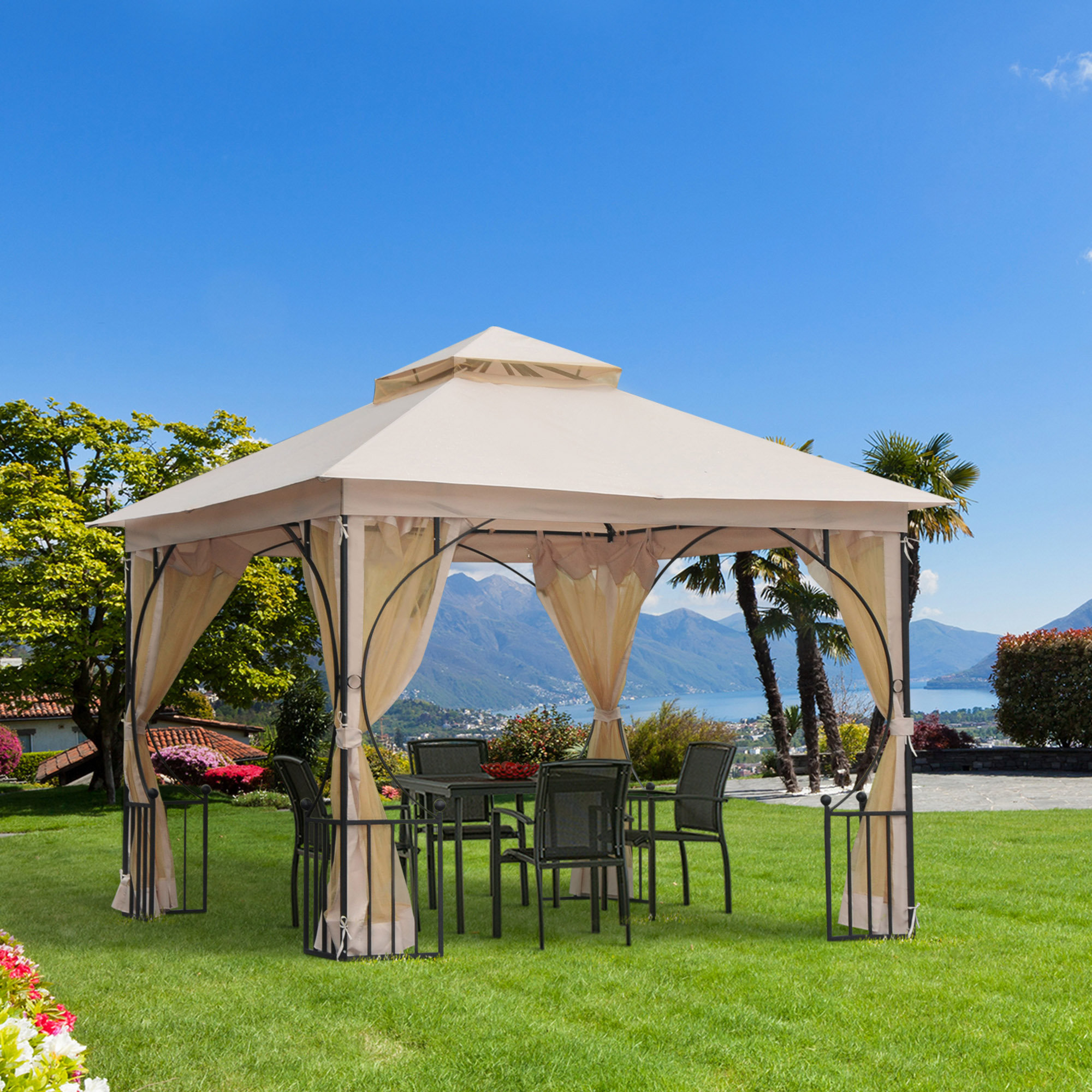 Arlmont & Co. Double Roof Outdoor Gazebo Canopy Shelter With Netting ...