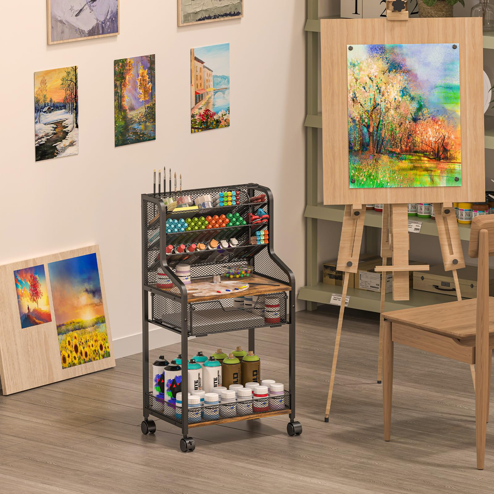 Inbox Zero Metal And Wood Utility Cart With Drawer, 6 Tiers, And ...