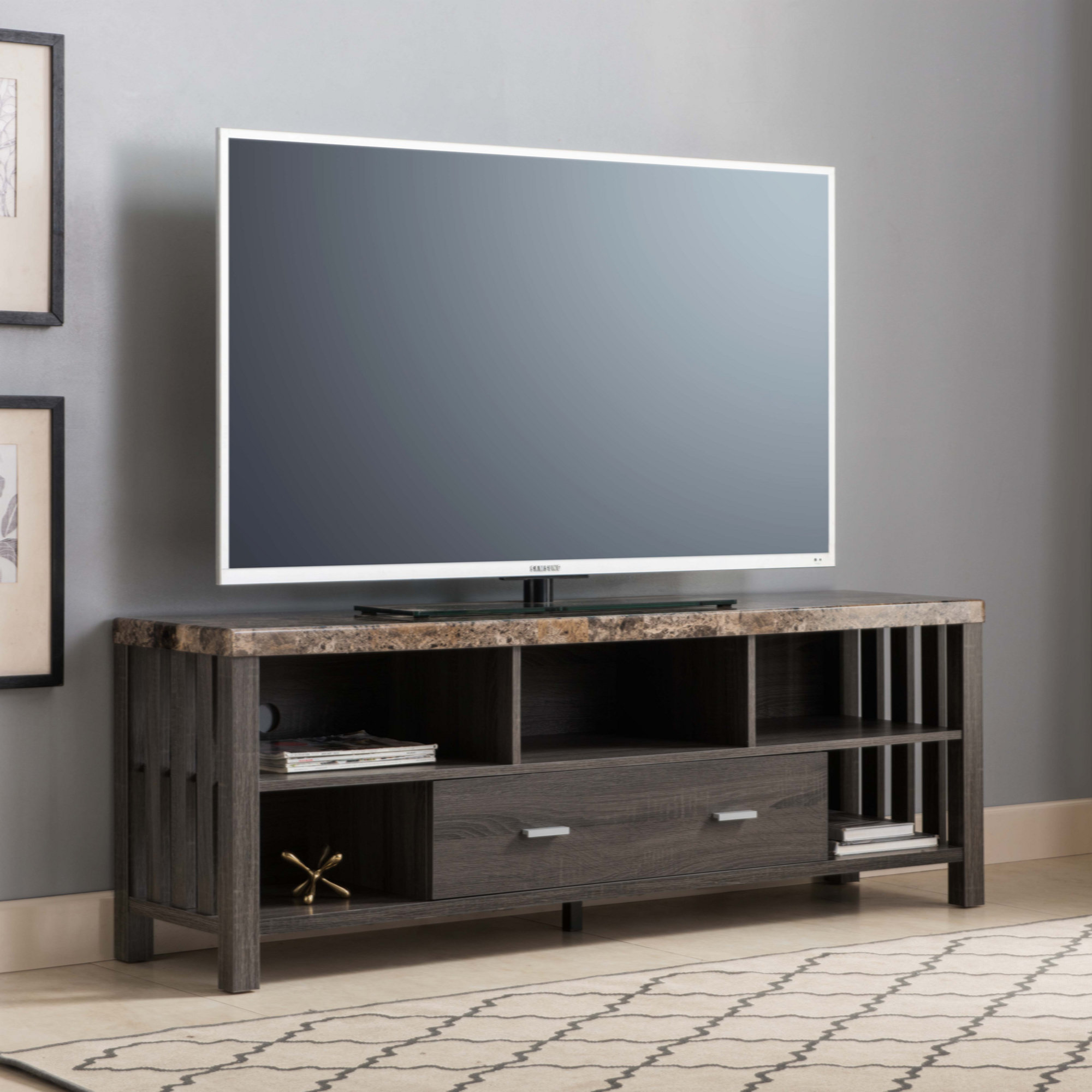 Ivy Bronx TV Stand In Distressed Grey With Faux Marble Top With Five ...
