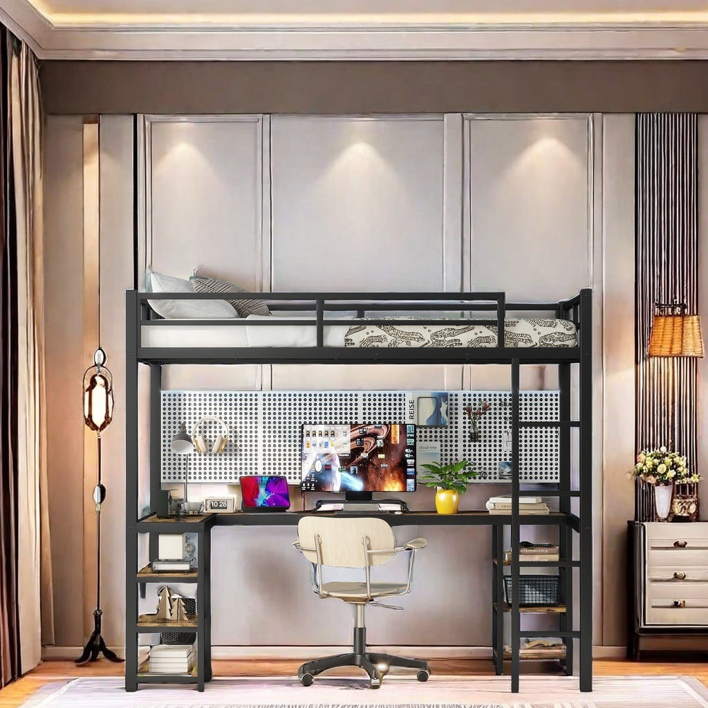 Mason & Marbles Twin Xl Metal Loft Bed With L-Shaped Desk And Shelves ...