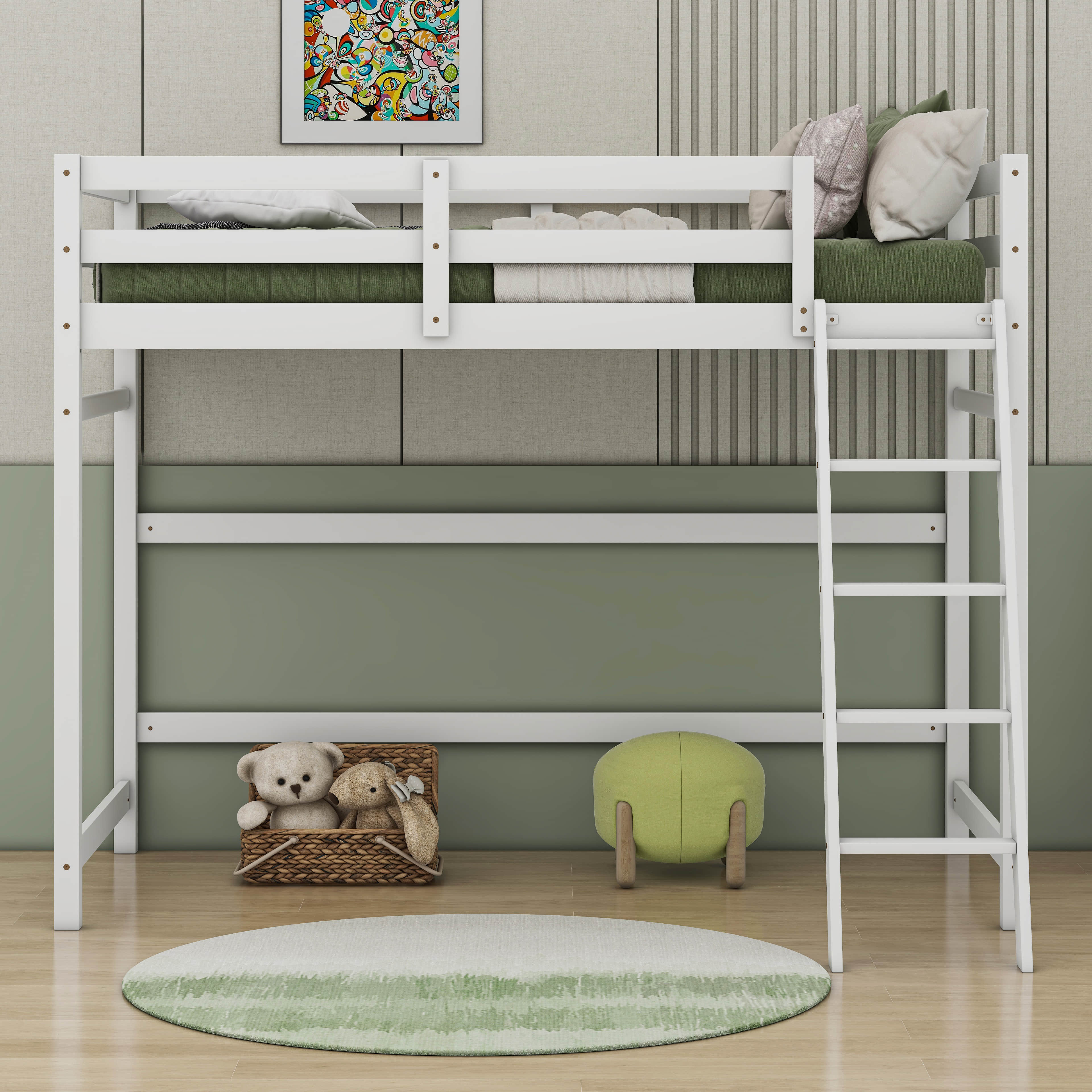 Cosmic Twin Size High Loft Bed With Inclined Ladder, Guardrails | Wayfair