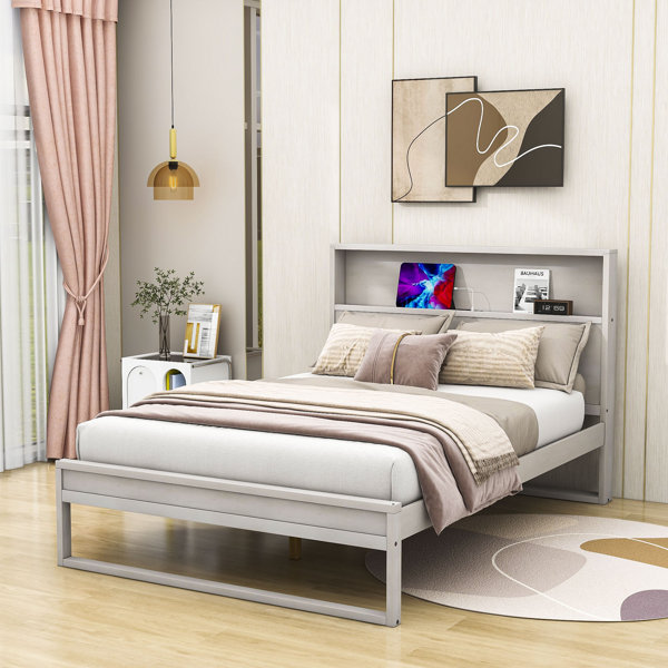 Latitude Run® Wooden Platform Bed with Storage Headboard, Socket and ...