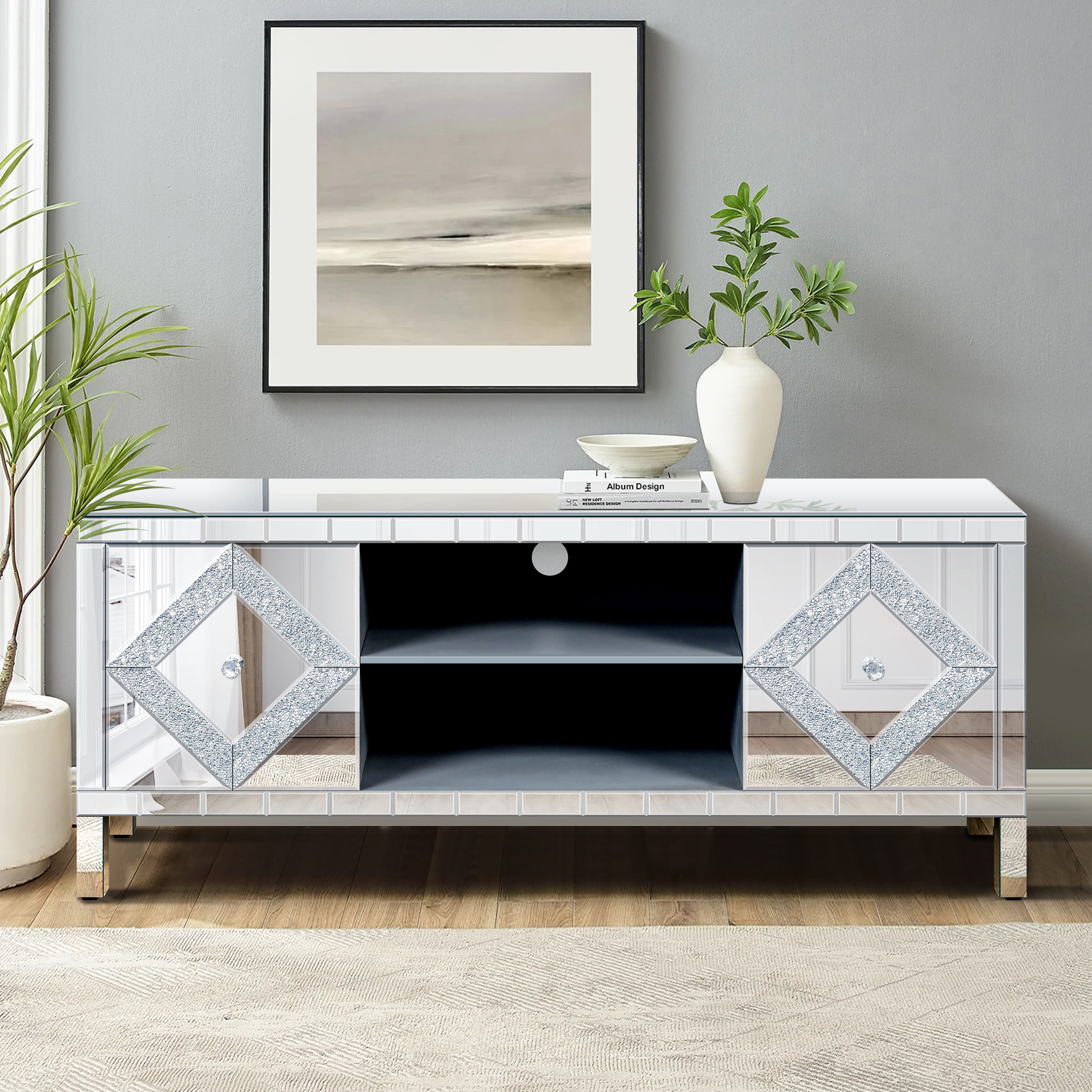 Everly Quinn Mirrored Sliver Tv Console Stand, 65+ Inch Tvs With Living ...