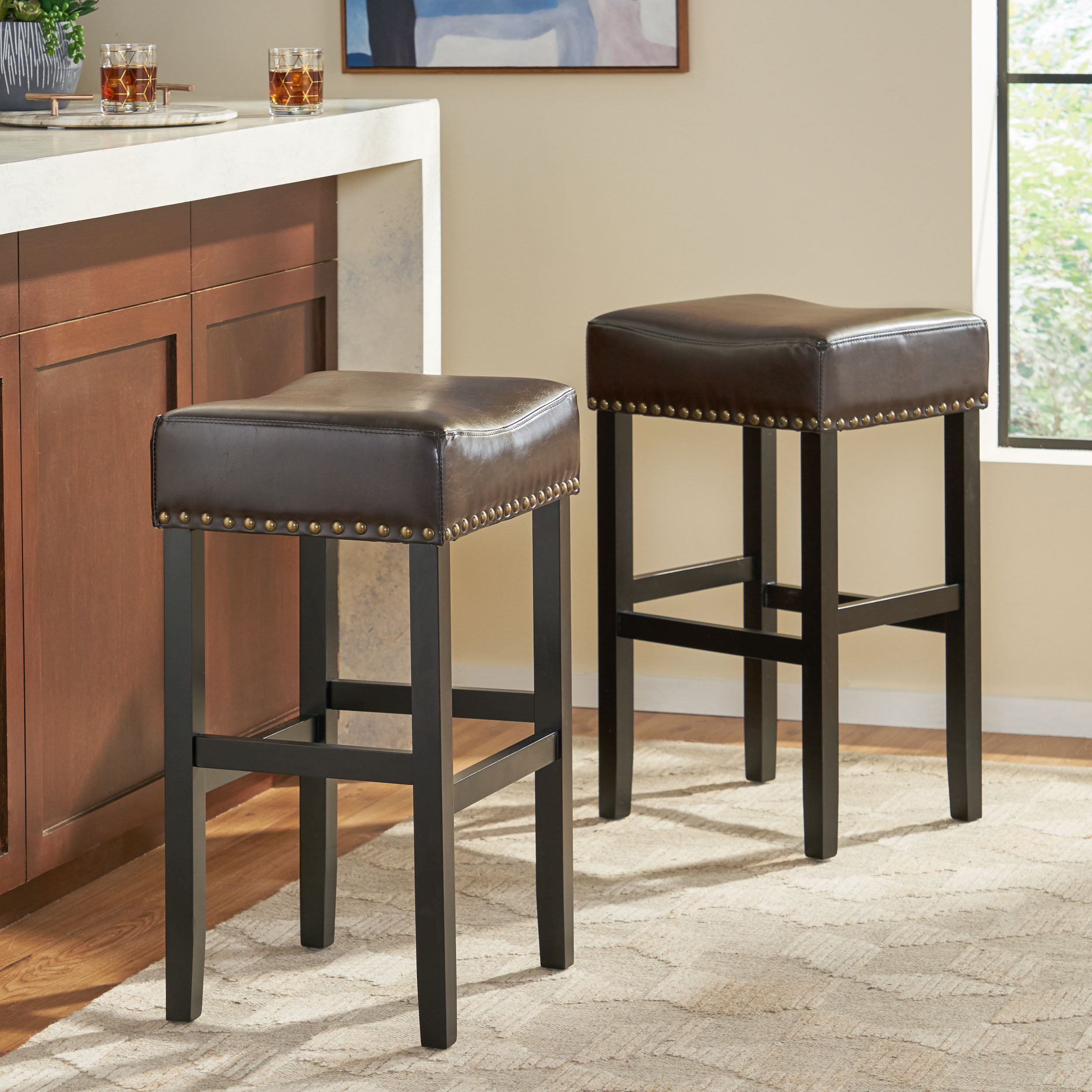 House of Hampton® Set of 2 Backless Leather Counter Stools | Wayfair