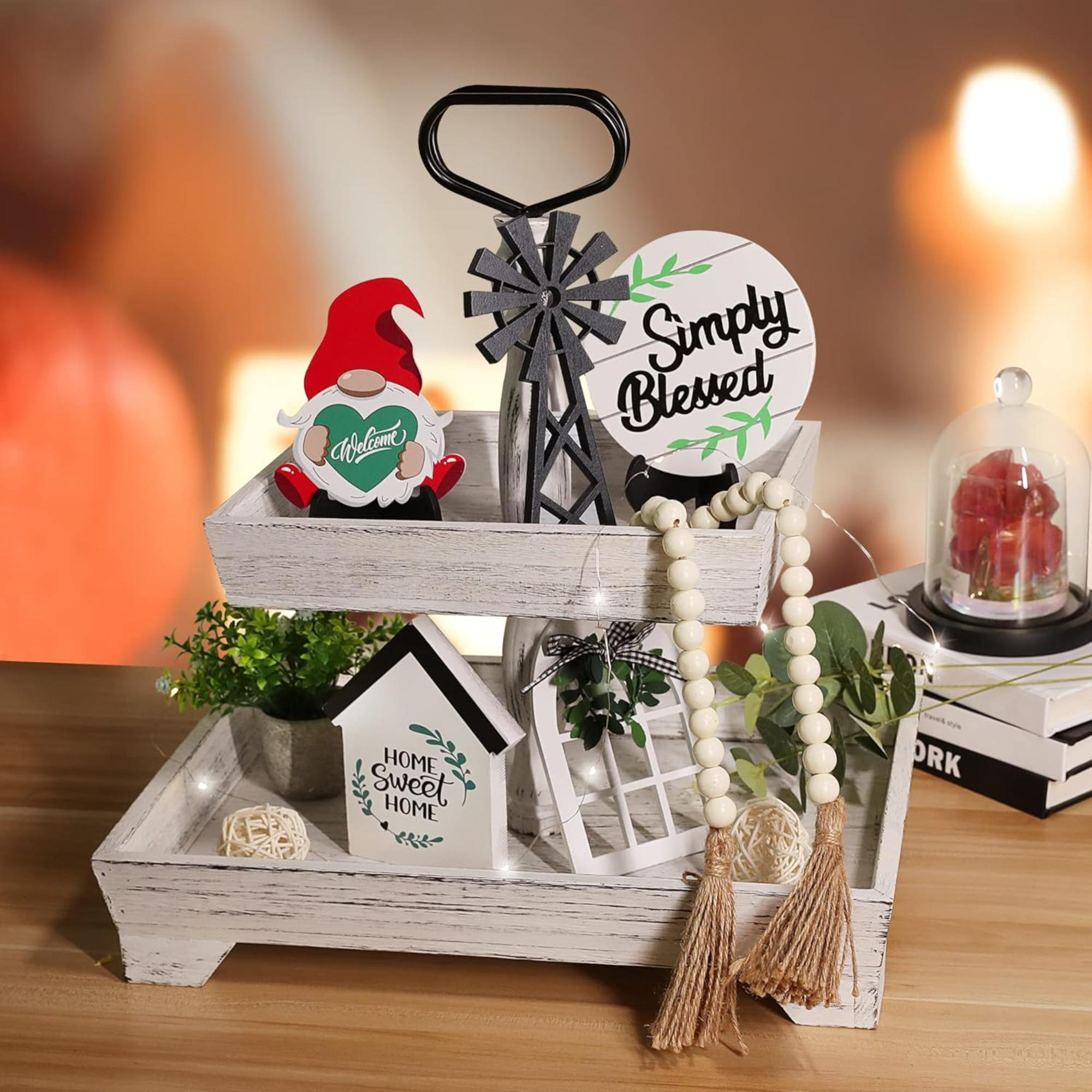 The Holiday Aisle® 11Pcs Farmhouse Tiered Tray Decor Set, Rustic Tier ...