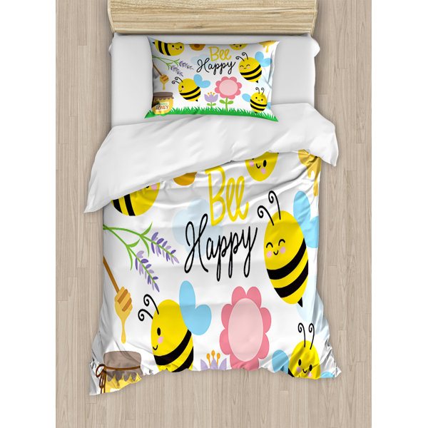 Ambesonne Honey Bee Duvet Cover Set, Bee Happy Spring Garden, Twin ...