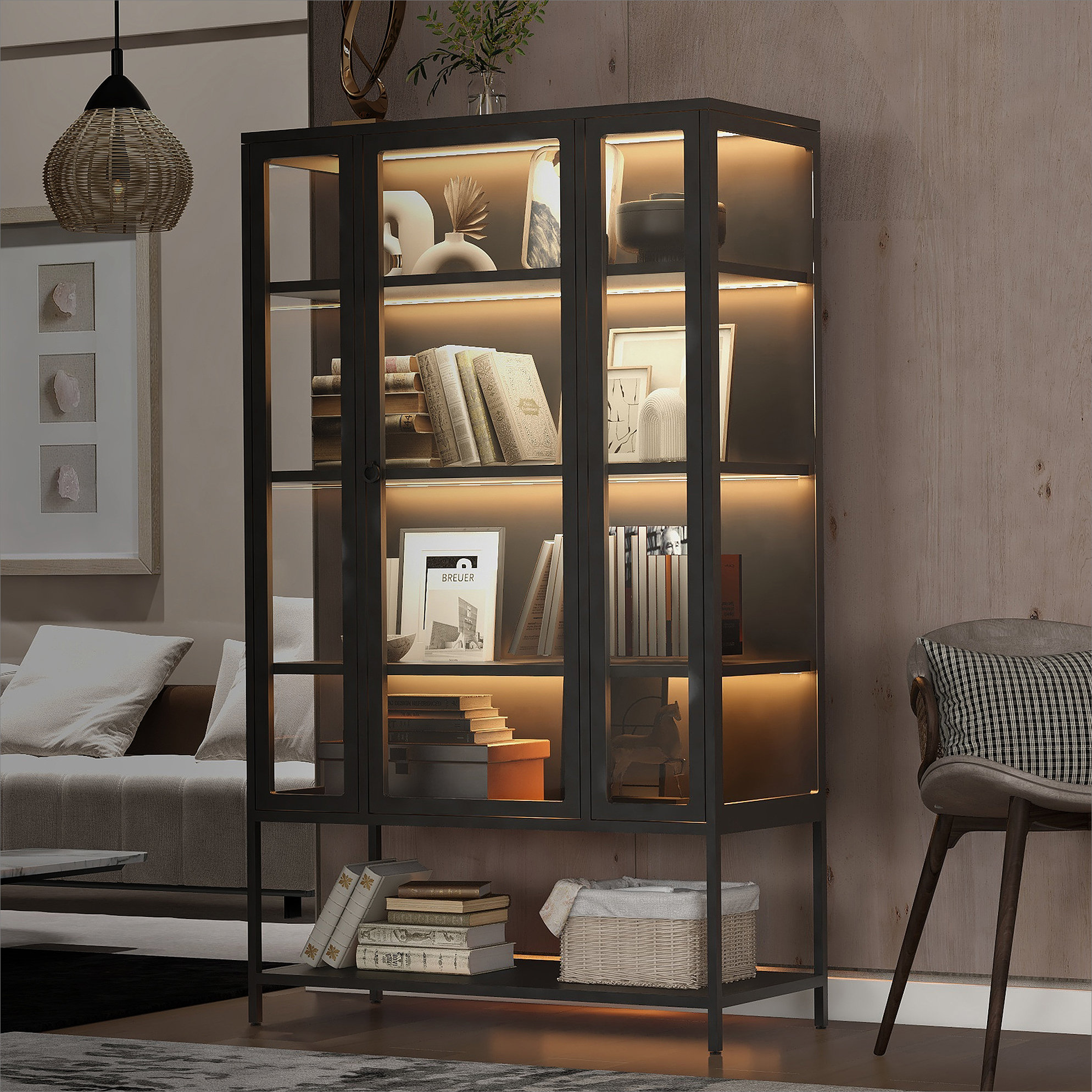 Ivy Bronx 67.25'' Tall Iron Display Cabinet with Glass Door and LED Lights Steel Curio Cabinet ...