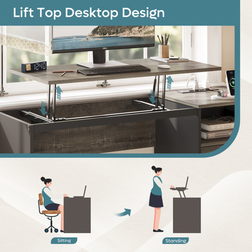 17 Stories 59.8" Lift Top Computer Desk with File Drawer, Large Study ...