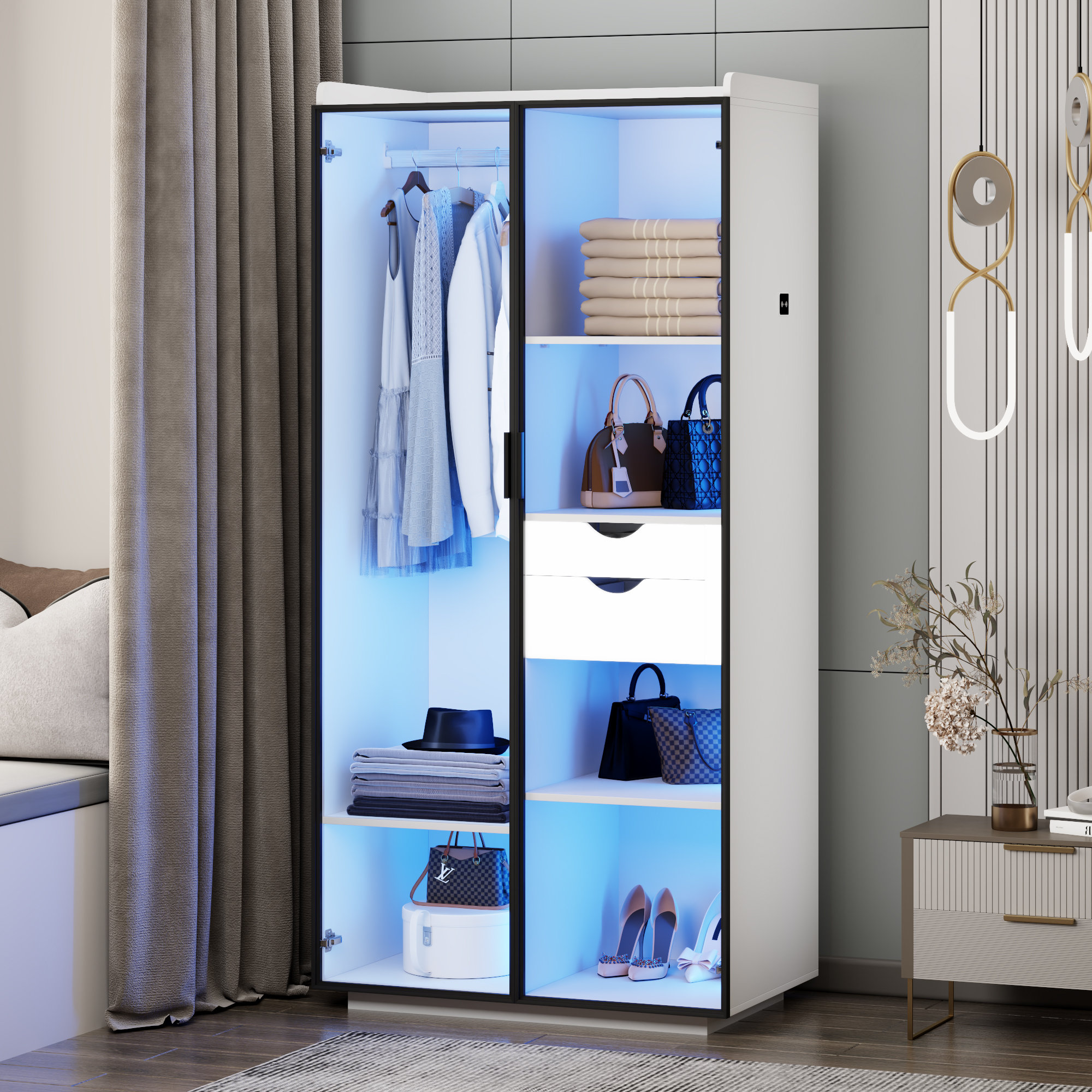 Latitude Run® 2-Door Wardrobe Armoire with LED Lights & Reviews ...
