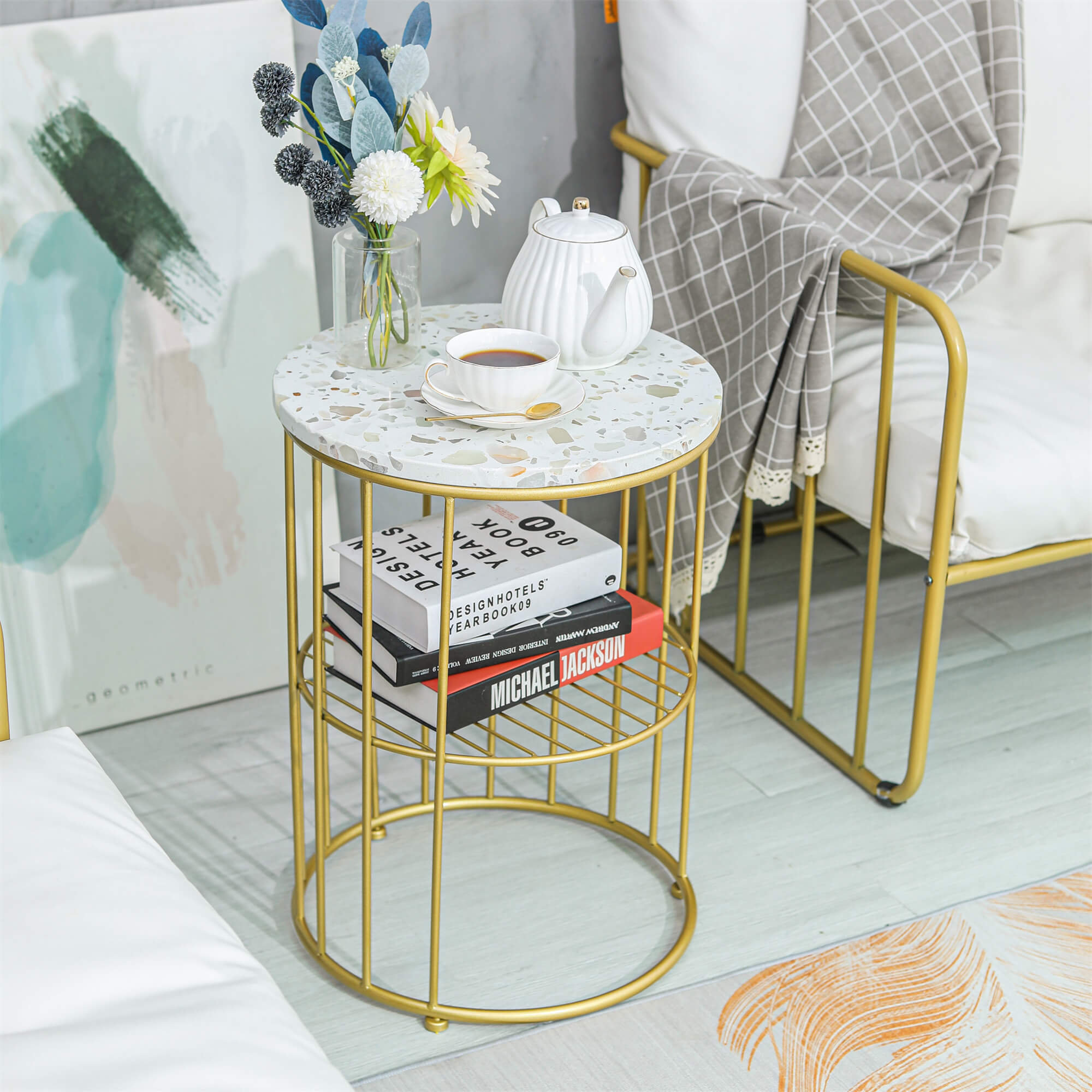Mercer41 Shounda Translucent Terrazzo Stone Side Table With Metal Frame ...