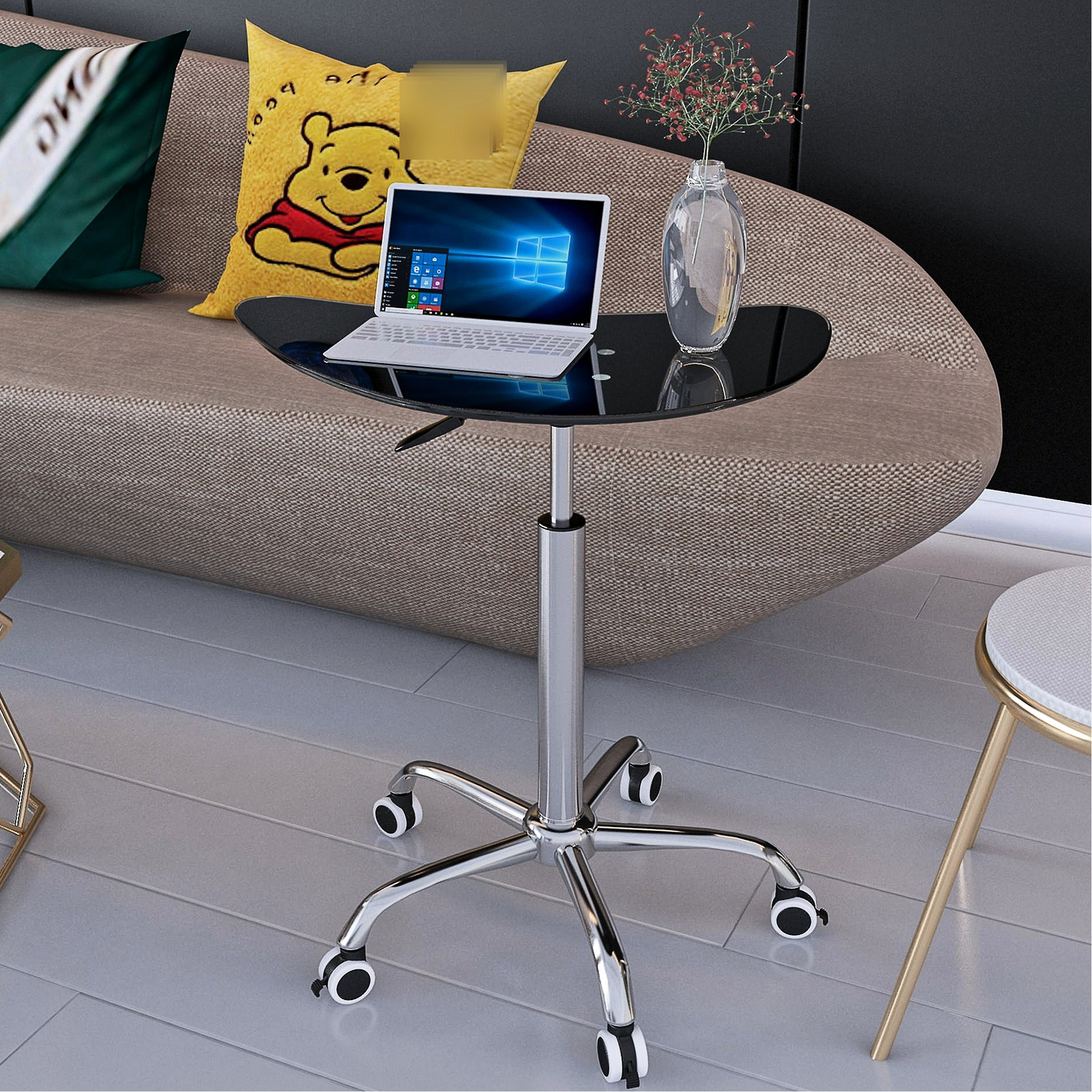 Wrought Studio™ Adjustable Standing Table Desk With Black Tempered Glass And Lockable Mobility ...
