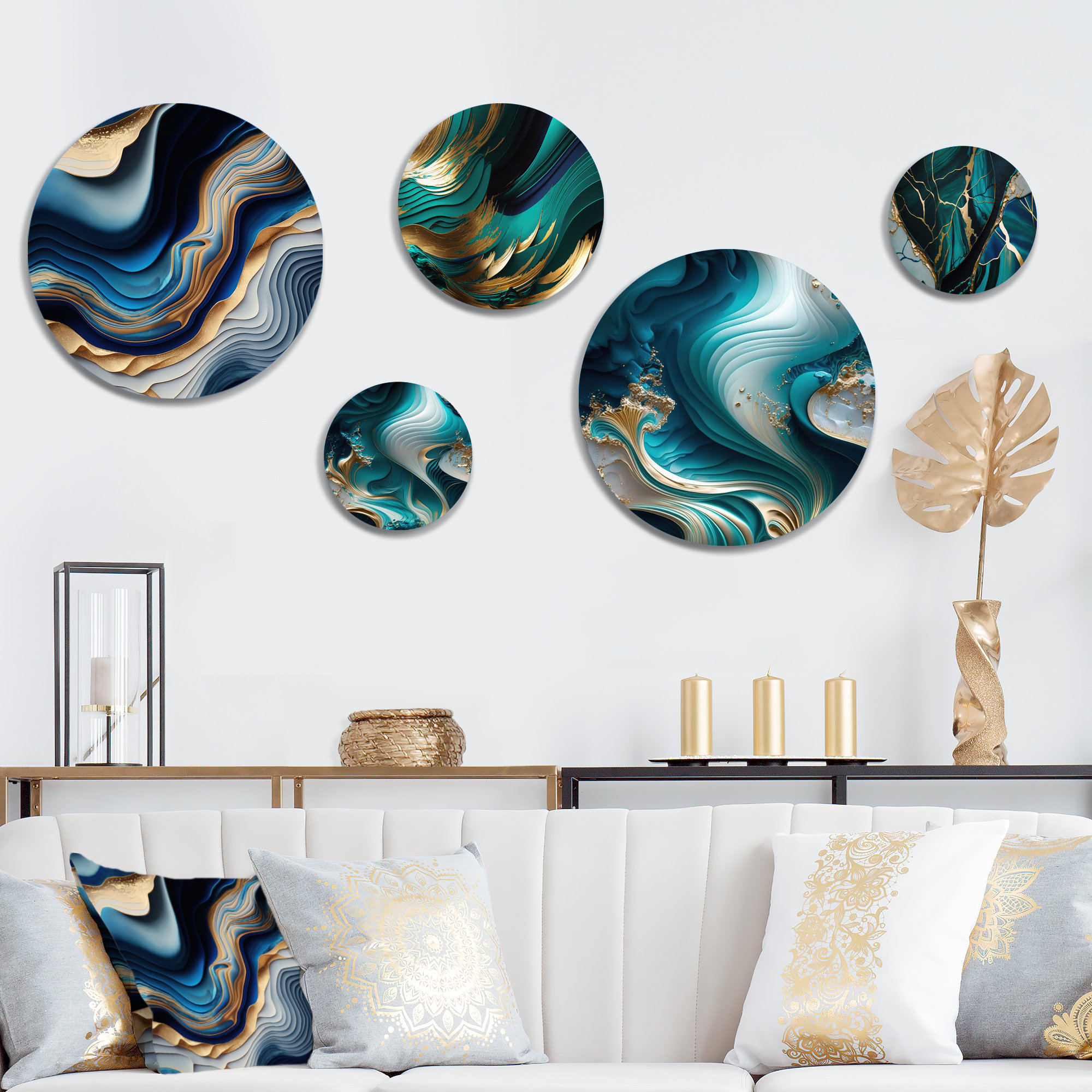 Design Art Blue And Gold Flow Art II - 5 Piece Round Metal Wall Decor ...