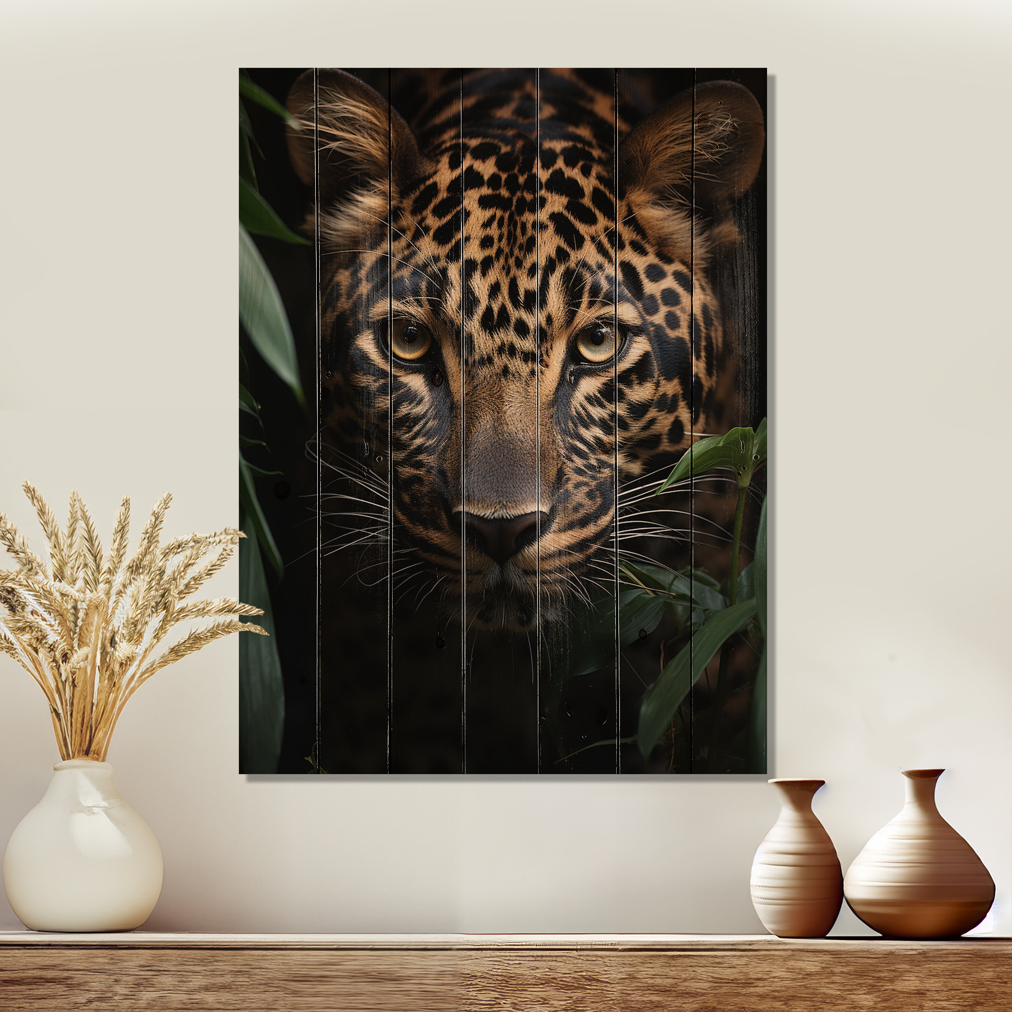 Design Art Leopard Silent Stalk I - Animals Wood Wall Decor On Natural ...