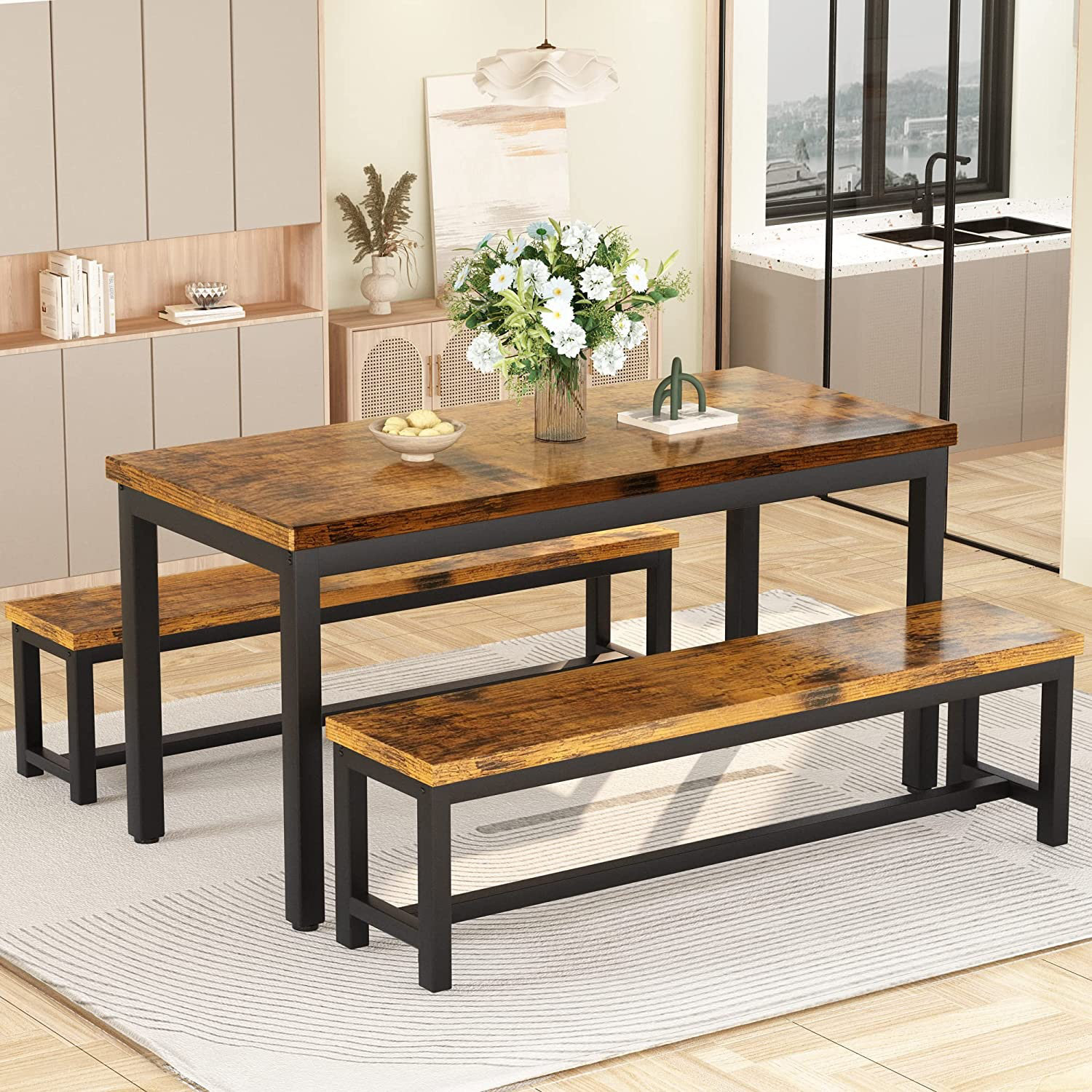 Wade Logan Efrat 3 Piece Dining Set, Kitchen Table With Benches ...