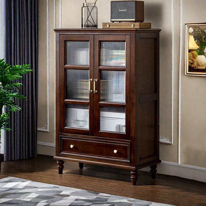 NICECABINET Retro Simple Double Door Glass Solid Wood Bookcase | Wayfair